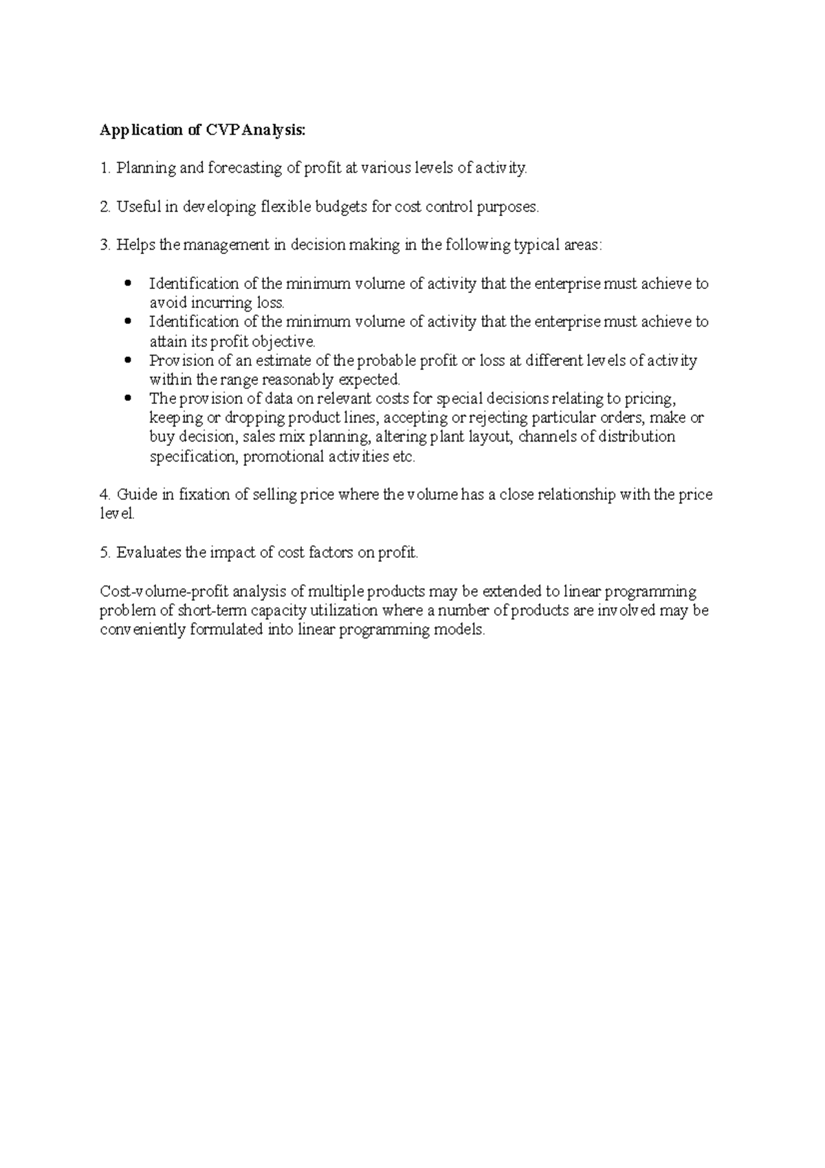 Applying CVP analysis - Application of CVP Analysis: Planning and ...