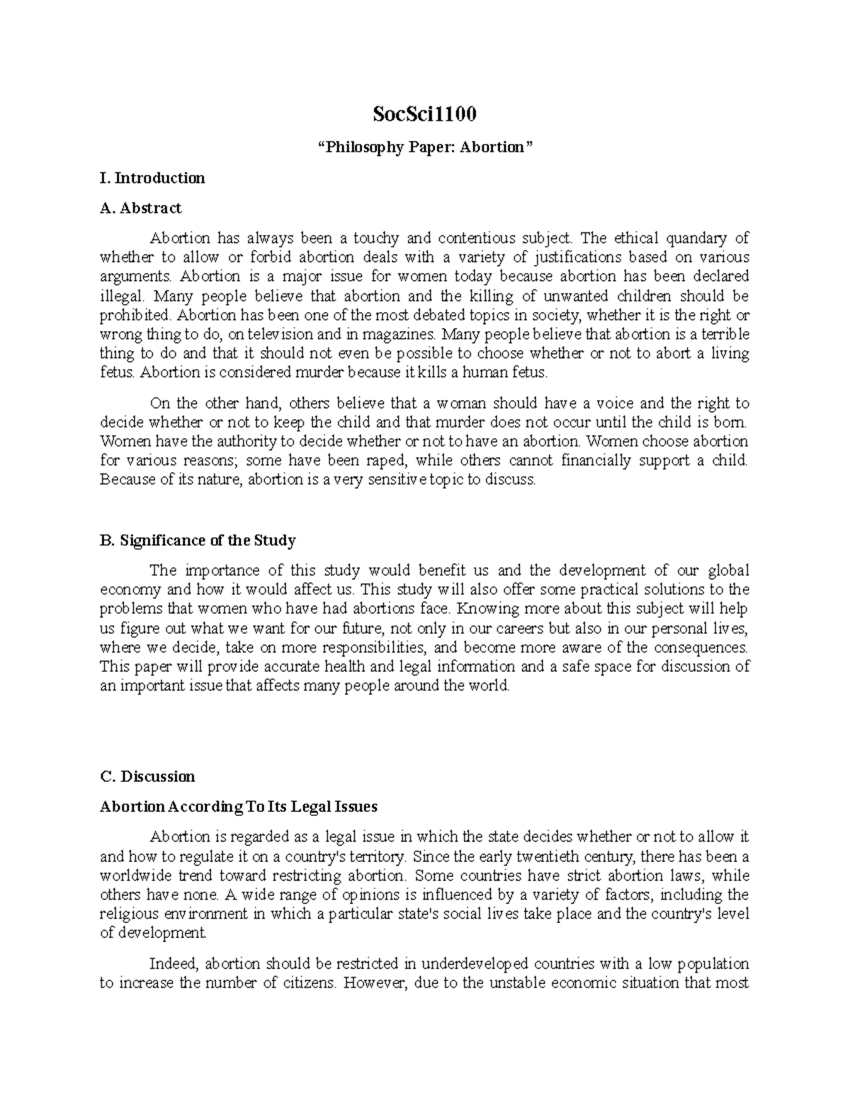 Philosophy Paper- Abortion - SocSci “Philosophy Paper: Abortion” I ...