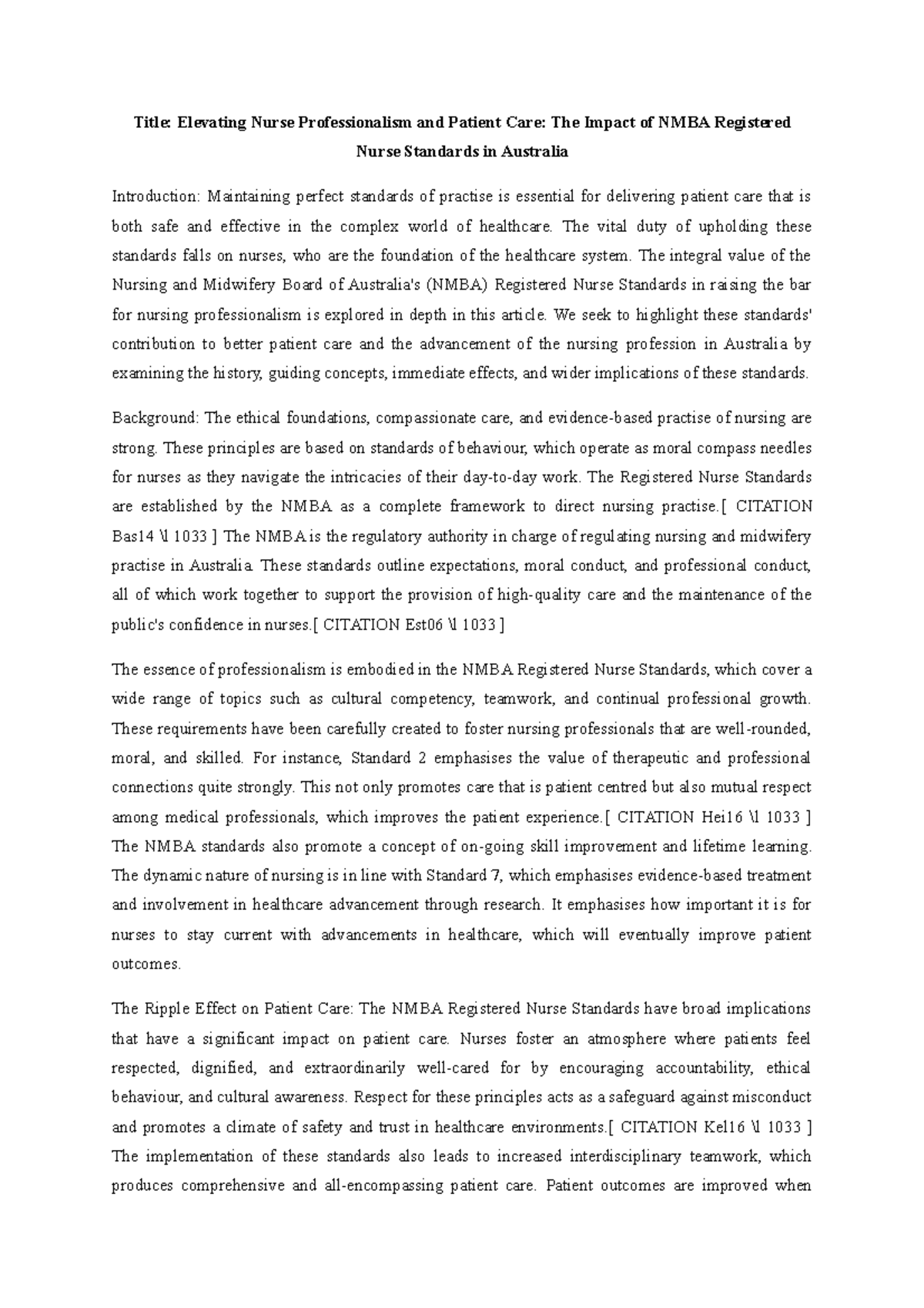 Assignment 1- Introductory Essay - Title: Elevating Nurse ...