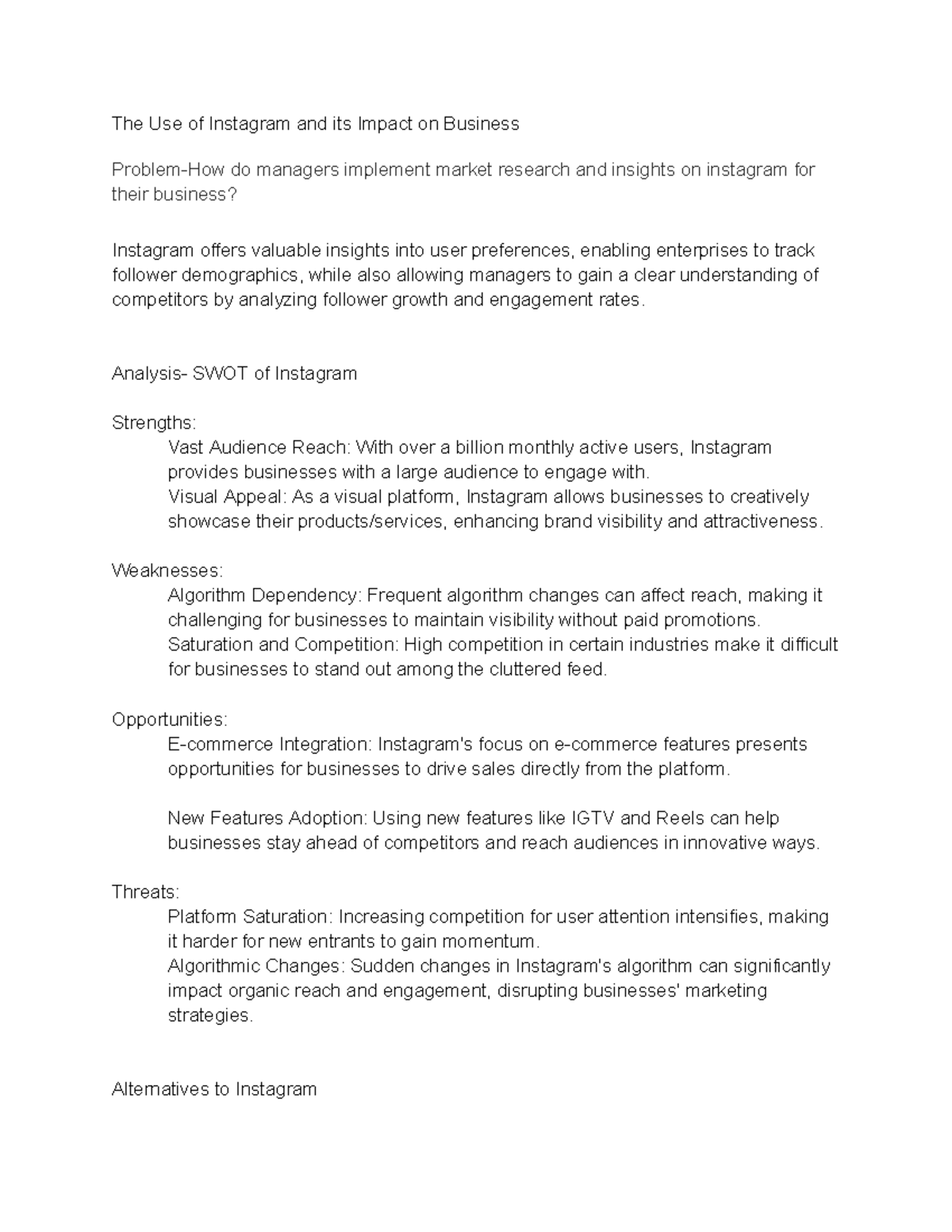 Swot - The Use of Instagram and its Impact on Business Problem-How do ...