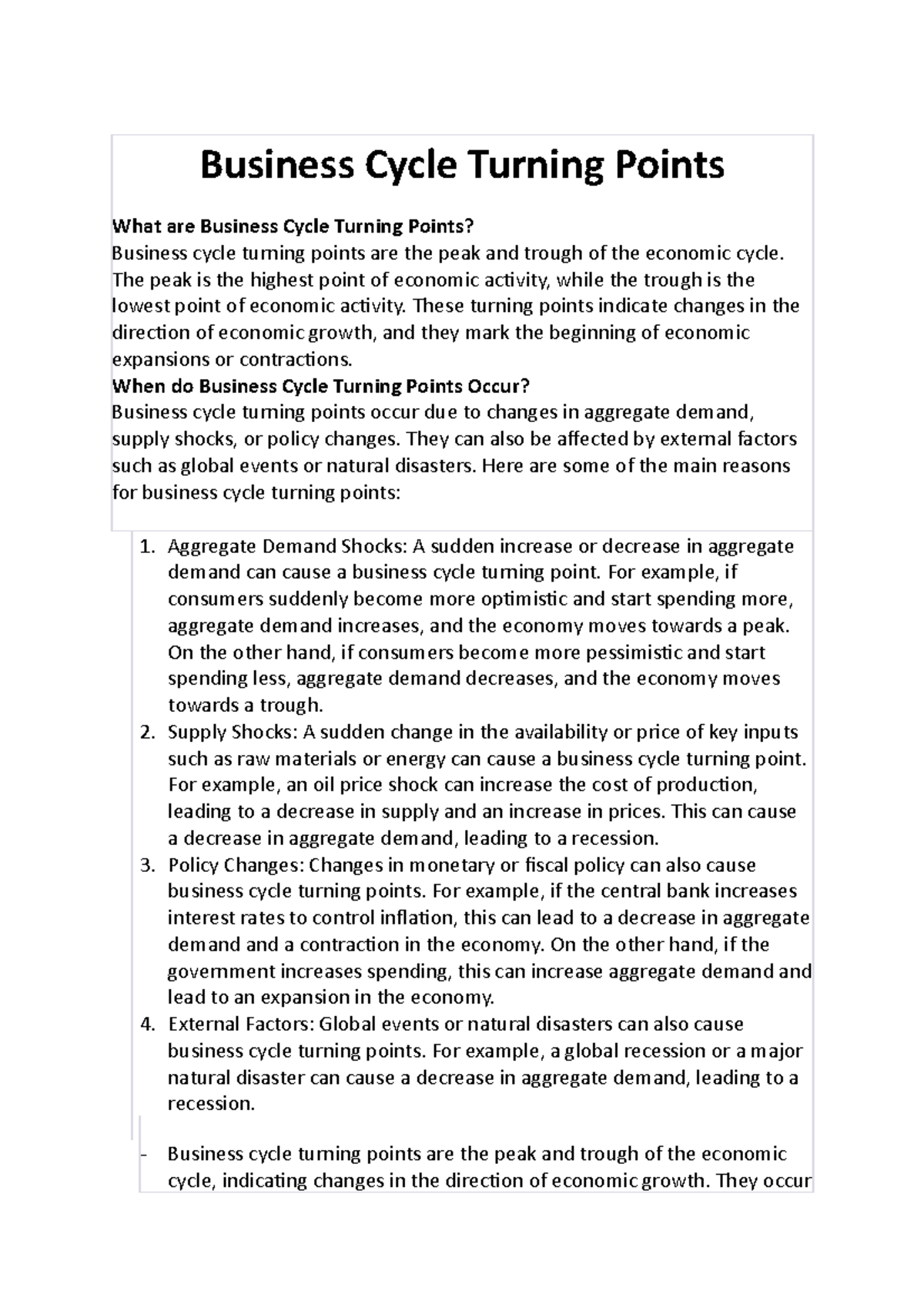 Business Cycle Turning Points - The peak is the highest point of ...