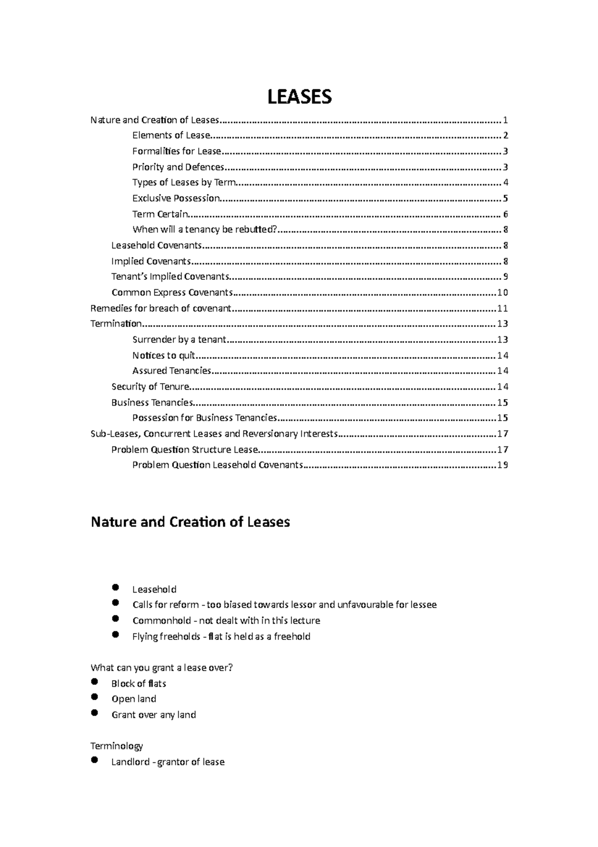 Leases - Compiled notes for exams - LEASES Nature and Creation of - Studocu