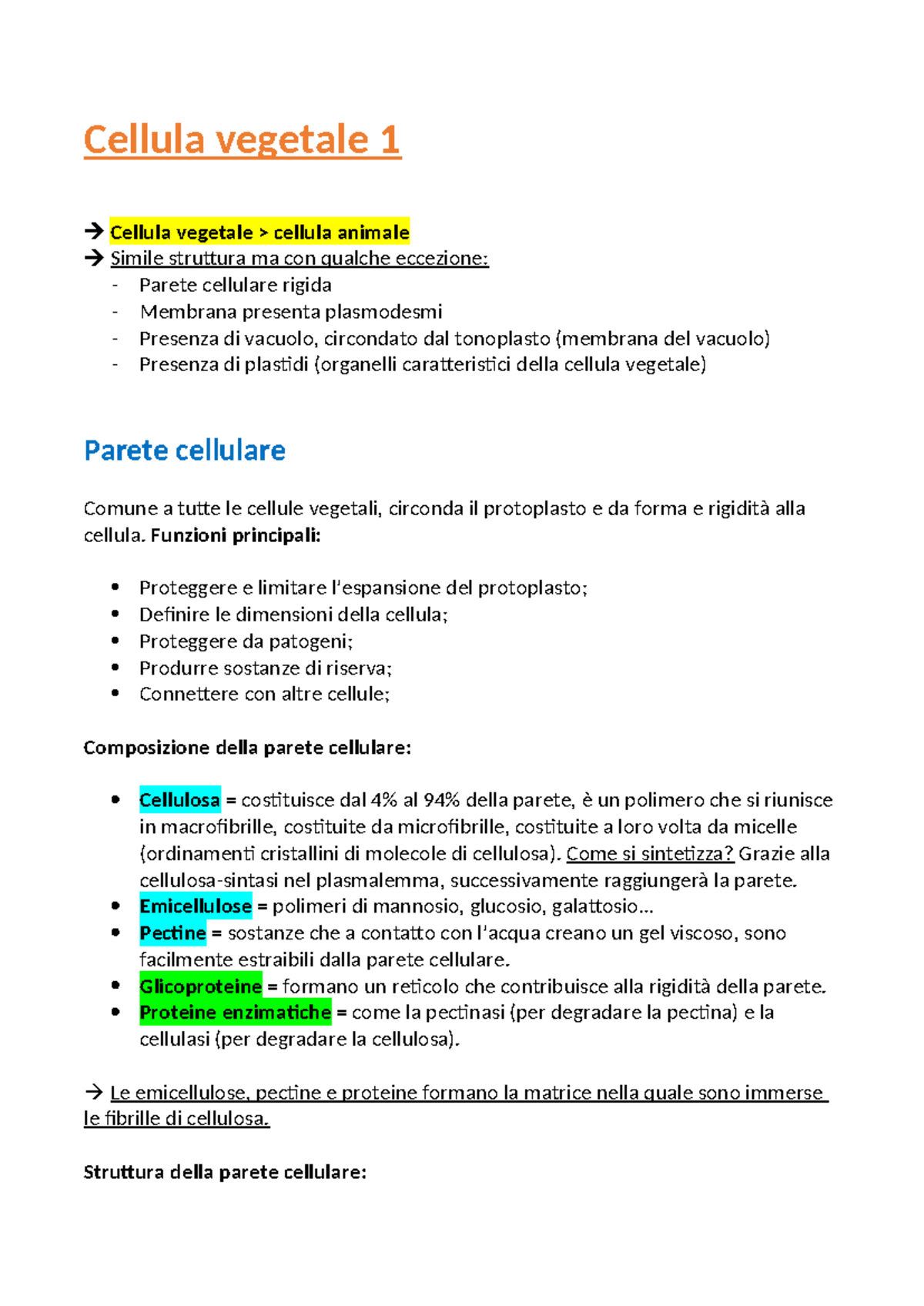 Cellula vegetale 1 - Funzioni principali: Proteggere e limitare l ...