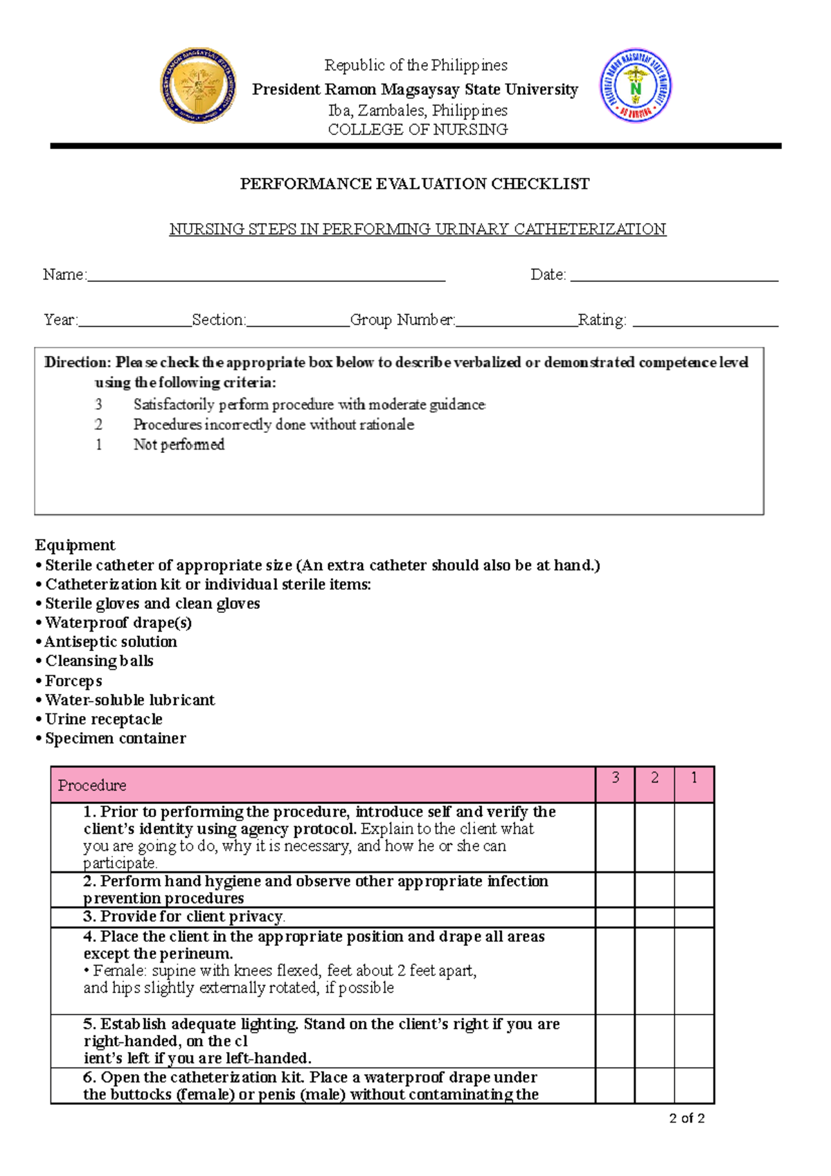 Female- Urinary- Catheterization- Checklist - Republic of the ...