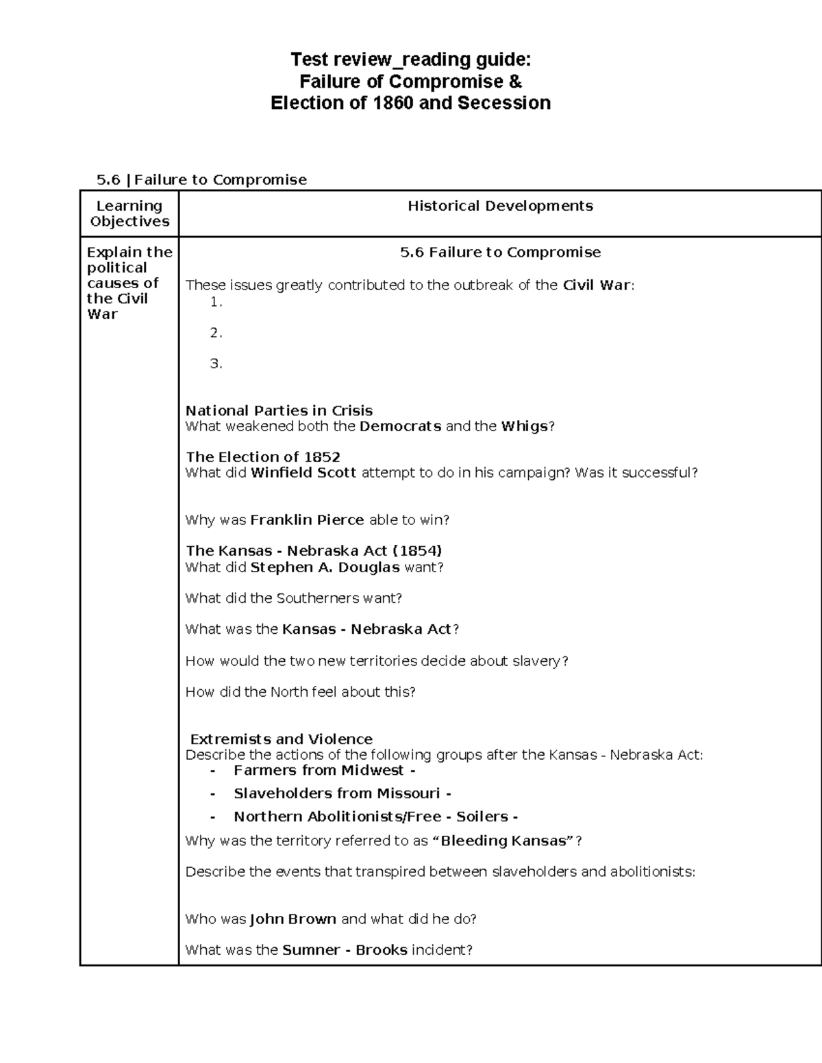Reading guide 5.6 & 5 - Failure of Compromise & Election of 1860 and ...