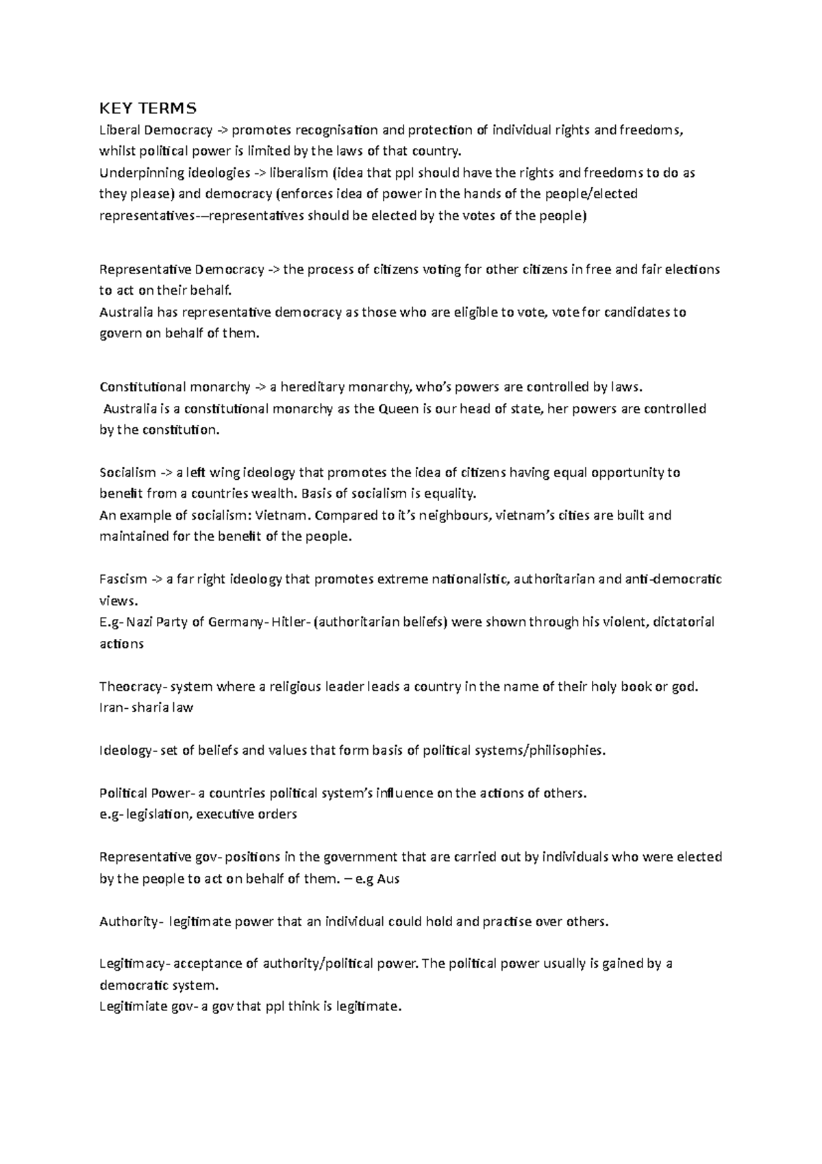 Checklist Revision - glopol notes - KEY TERMS Liberal Democracy ...