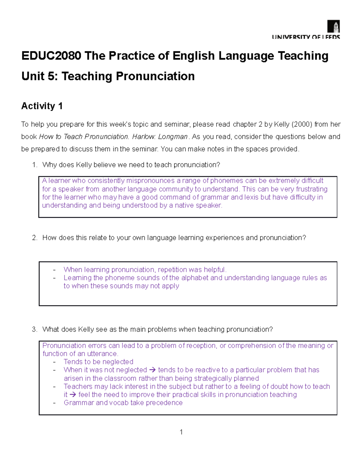 ELT Week 5 - pronunciation - EDUC2080 The Practice of English Language Teaching Unit 5: Teaching ...