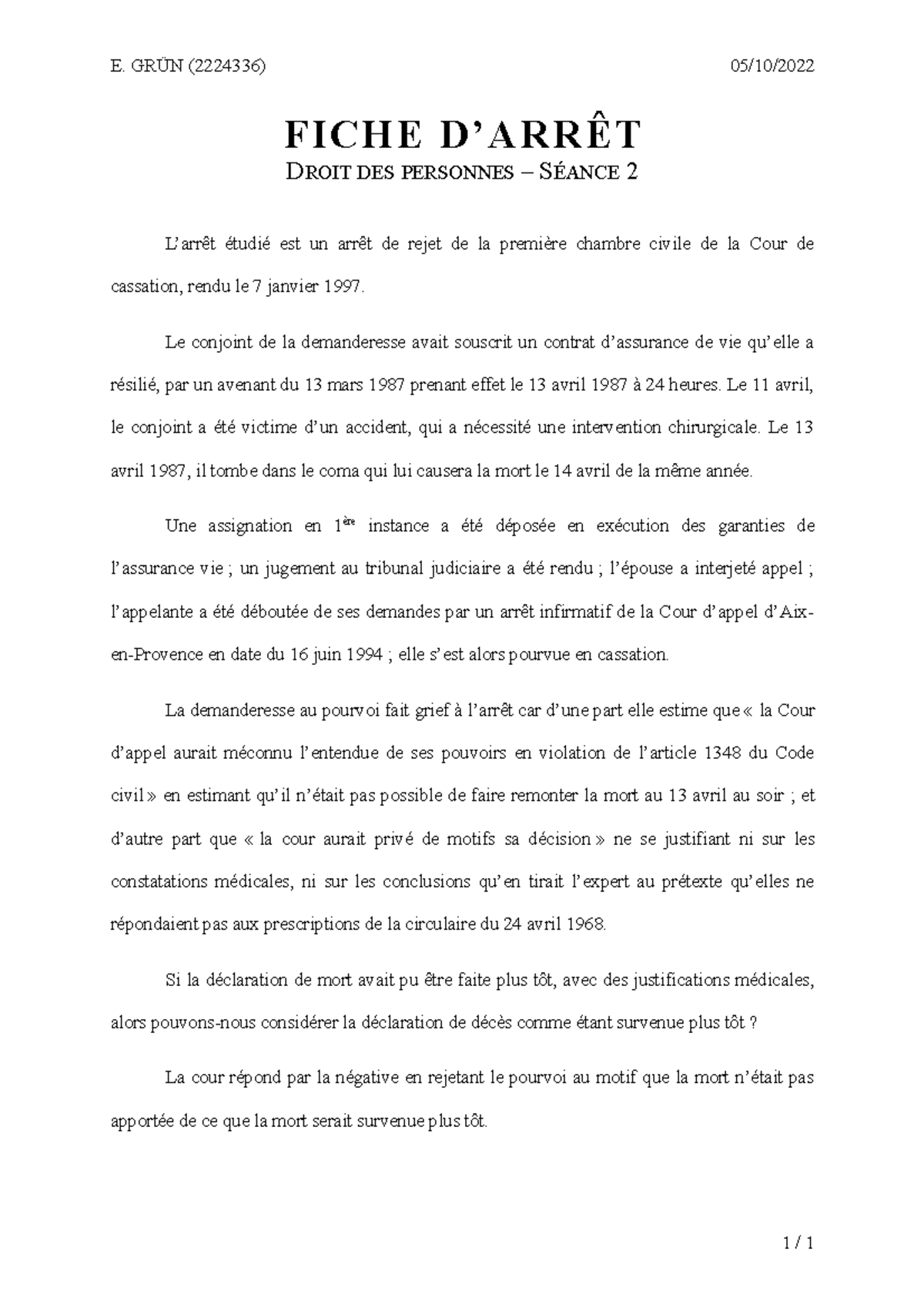 Fiche d'arrêt - séance 2 - Droit des personnes - E. GRÜN (2224336) 05 ...