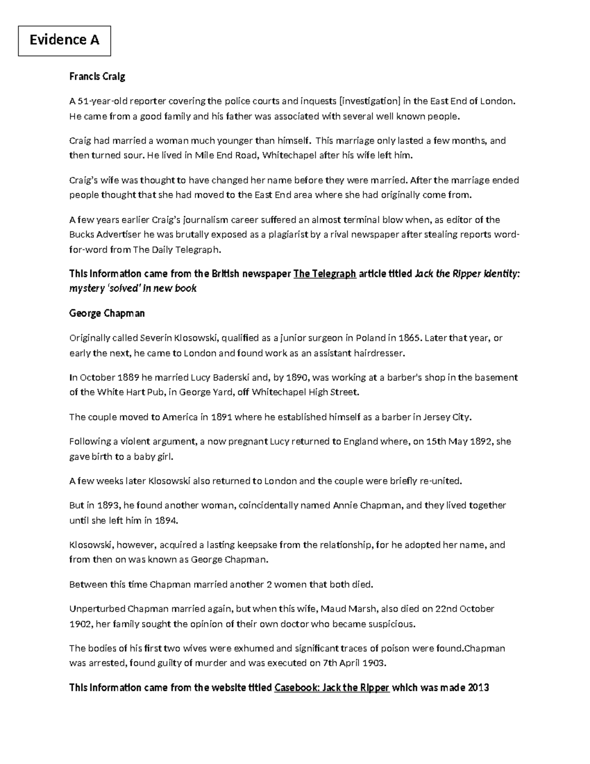 1. Jack the Ripper Evidence - Francis Craig A 51-year-old reporter ...