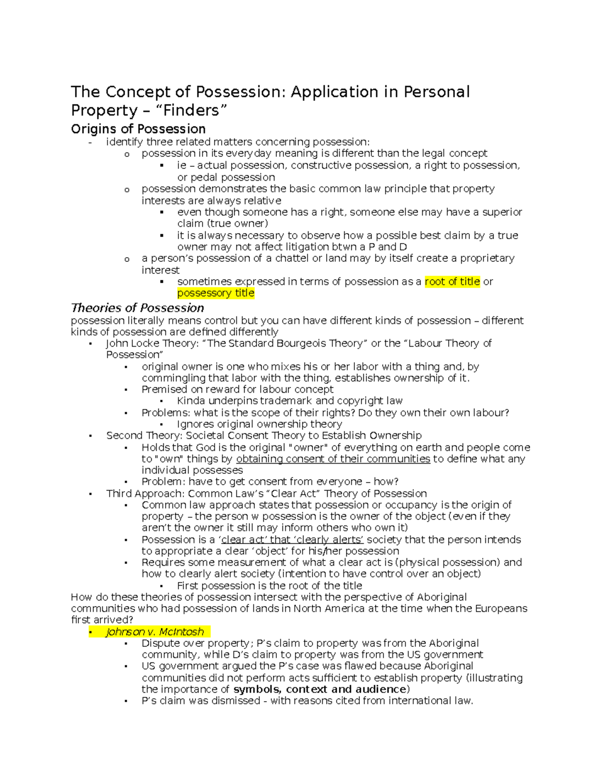 Class Note: Lecture j - The Concept of Possession: Application in ...
