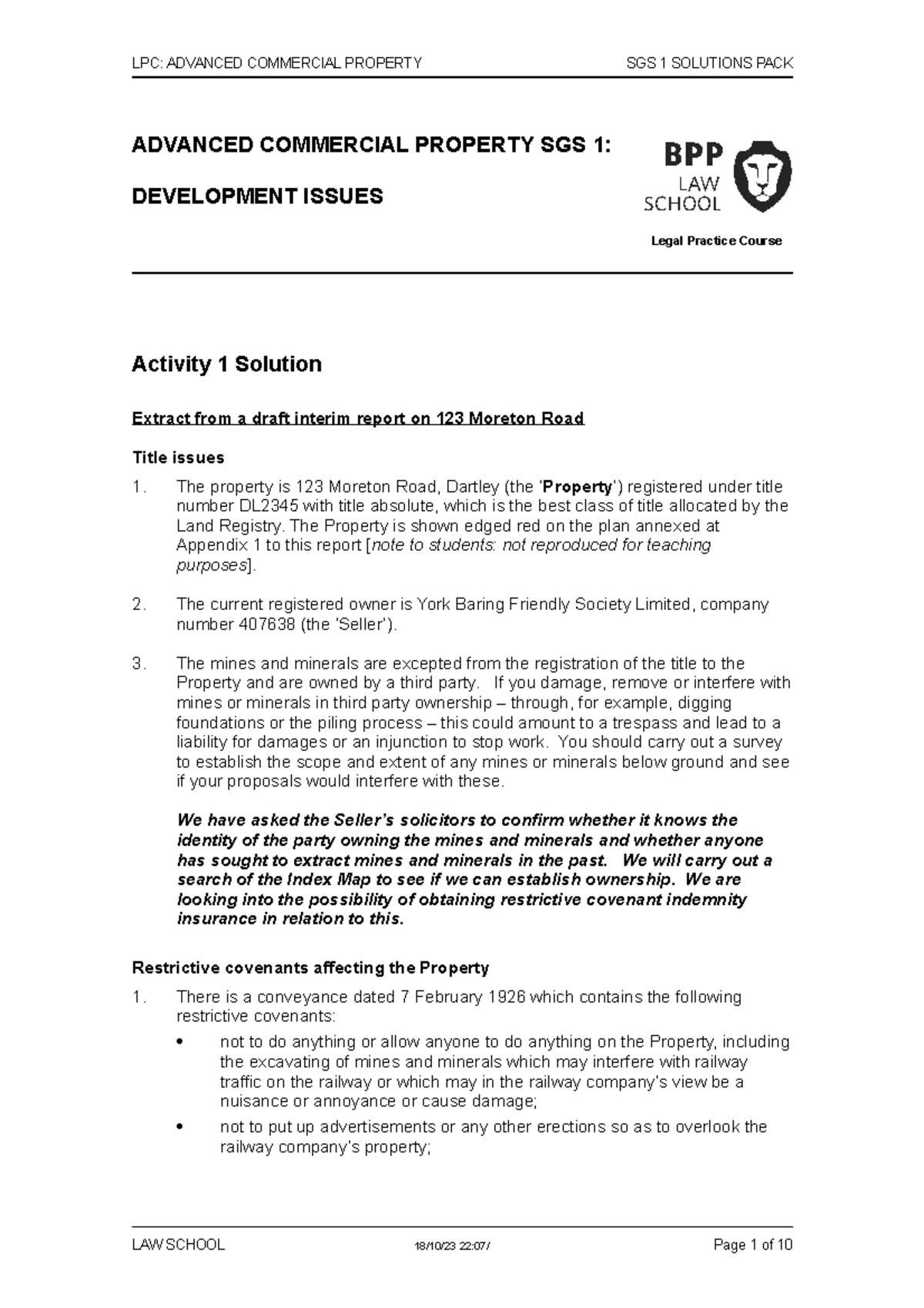 ACP SGS 1 Solutions pack 2223 - LPC: ADVANCED COMMERCIAL PROPERTY SGS 1 ...