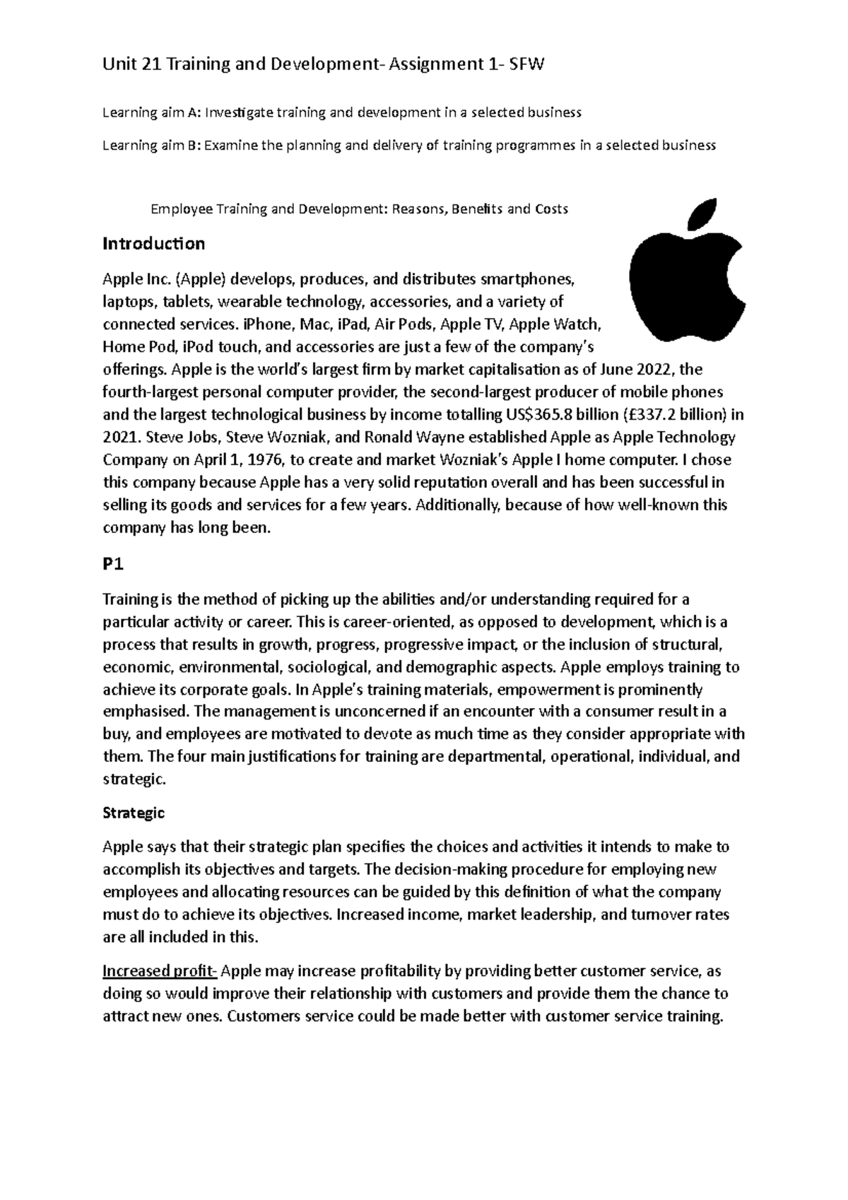 Unit 21 Assignment 2- SFW Distinction - Learning aim A: Investigate training and development in ...