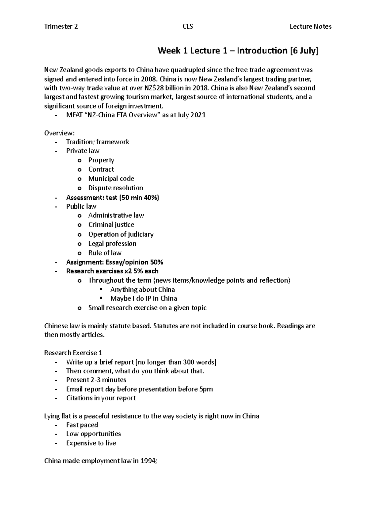 CLS Lecture Notes - Tri 2 - Chinese Legal Studies - Victoria University ...