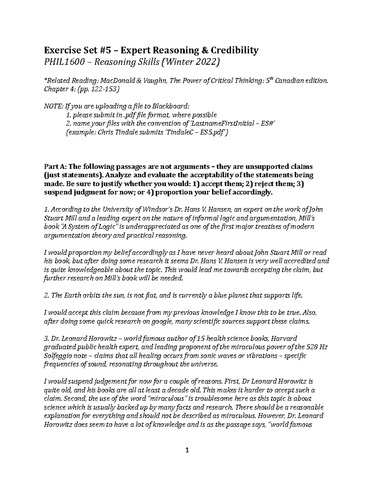 Exercise Set 5 - Expert Reasoning and Credibility - Exercise Set #5 – Expert Reasoning & - Studocu