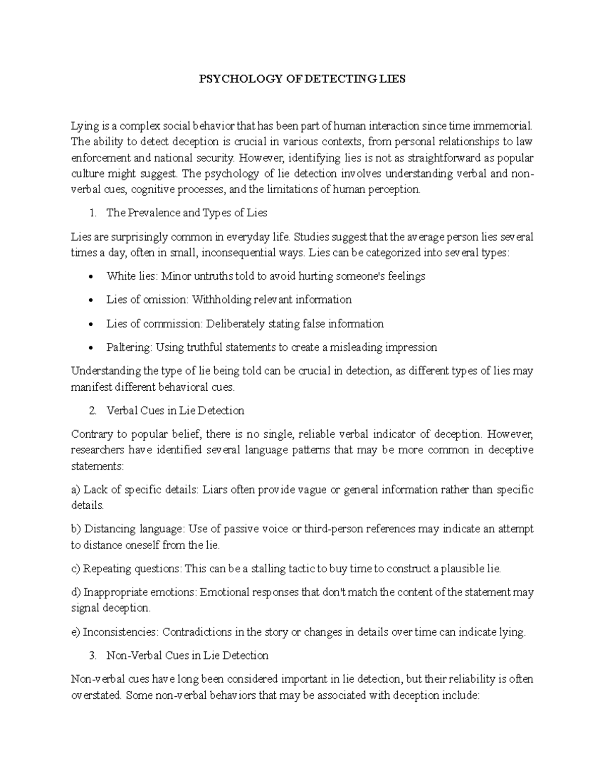 Psychology OF Detecting LIES - PSYCHOLOGY OF DETECTING LIES Lying is a ...