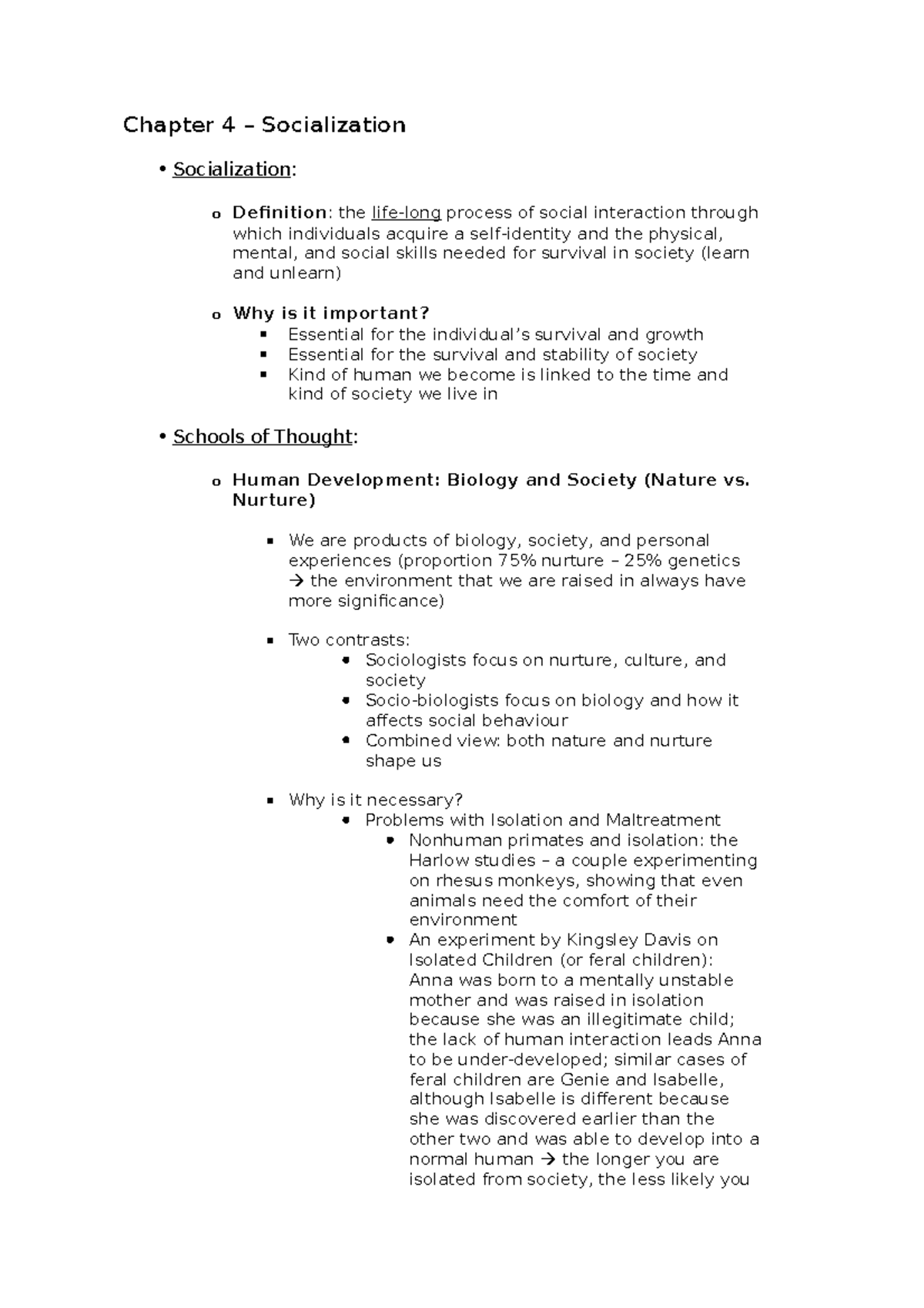 Chapter 4 - Lecture notes 4 - Chapter 4 – Socialization • Socialization ...