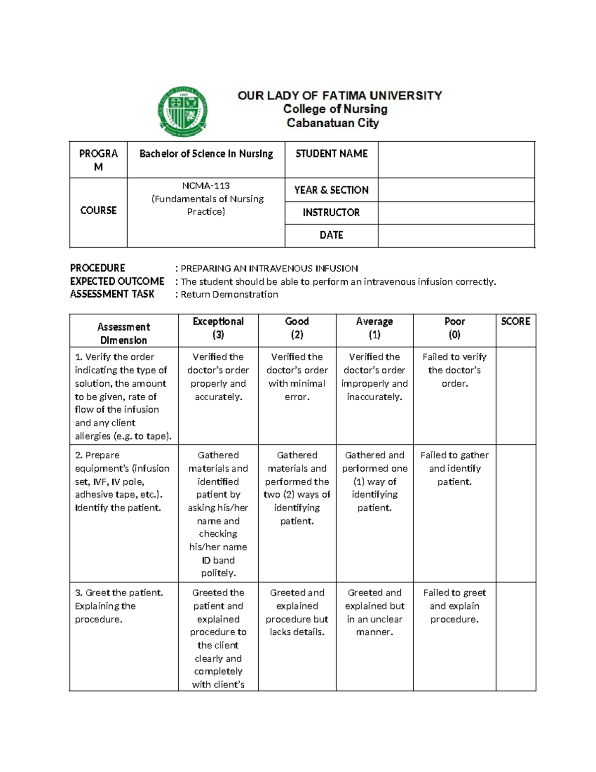 Rubrics FOR Preparing AN Intravenous Infusion - PROGRA M Bachelor of ...