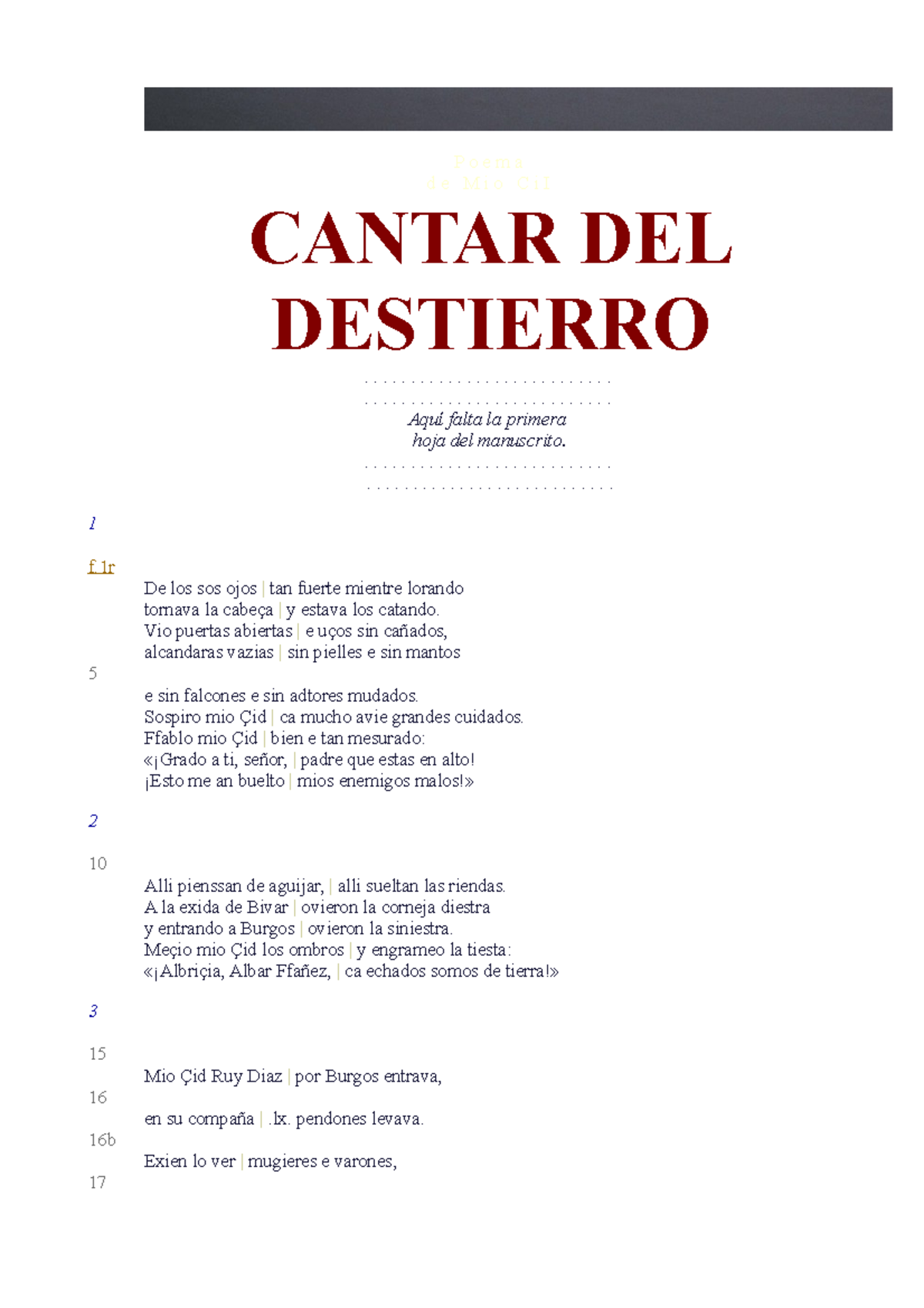 Poema DE MIO CID - se puede aprender - P o e m a d e M i o C i I CANTAR ...