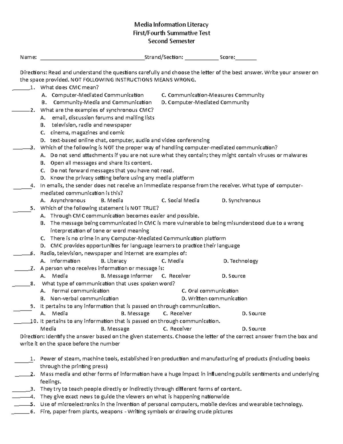 MIL Summative Test 1 - Media Information Literacy First/Fourth ...