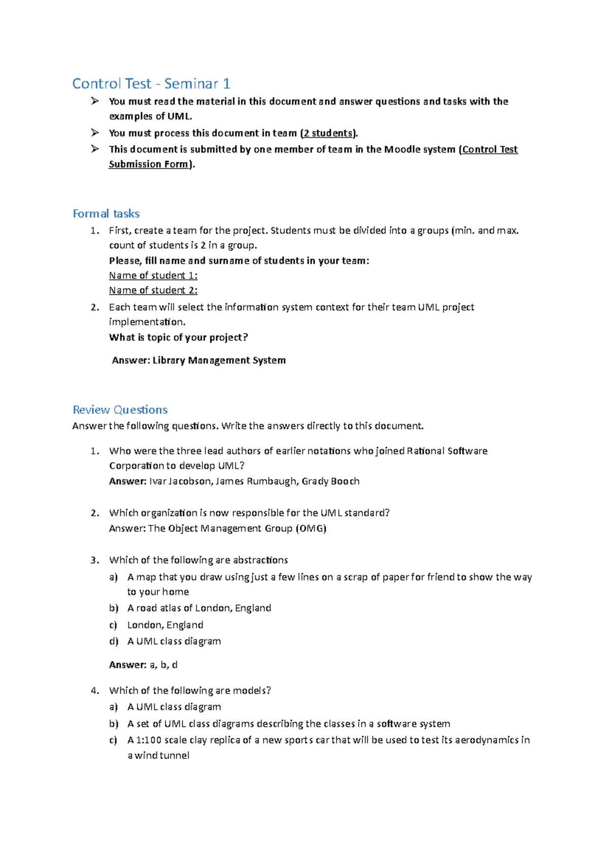 Control test 1 - Control Test - Seminar 1 You must read the material in ...