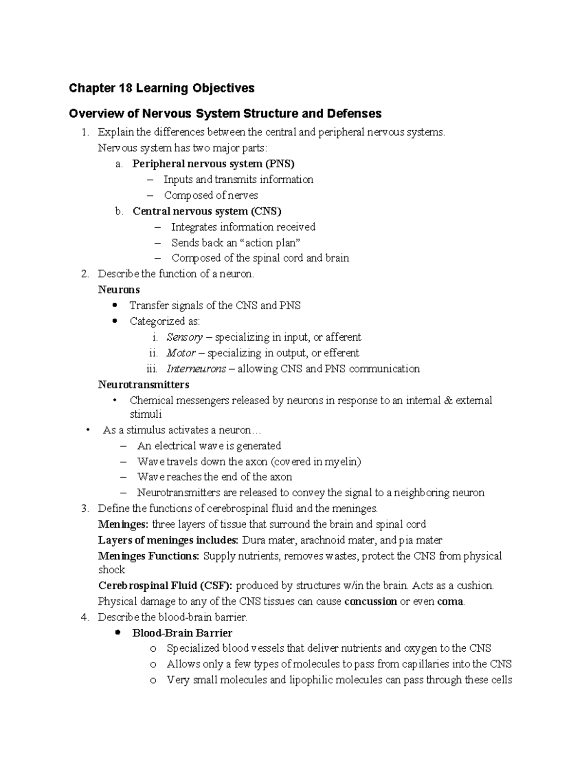 Ch 18 (Mic 223) - Chapter 18 Learning Objectives Overview of Nervous System Structure and ...
