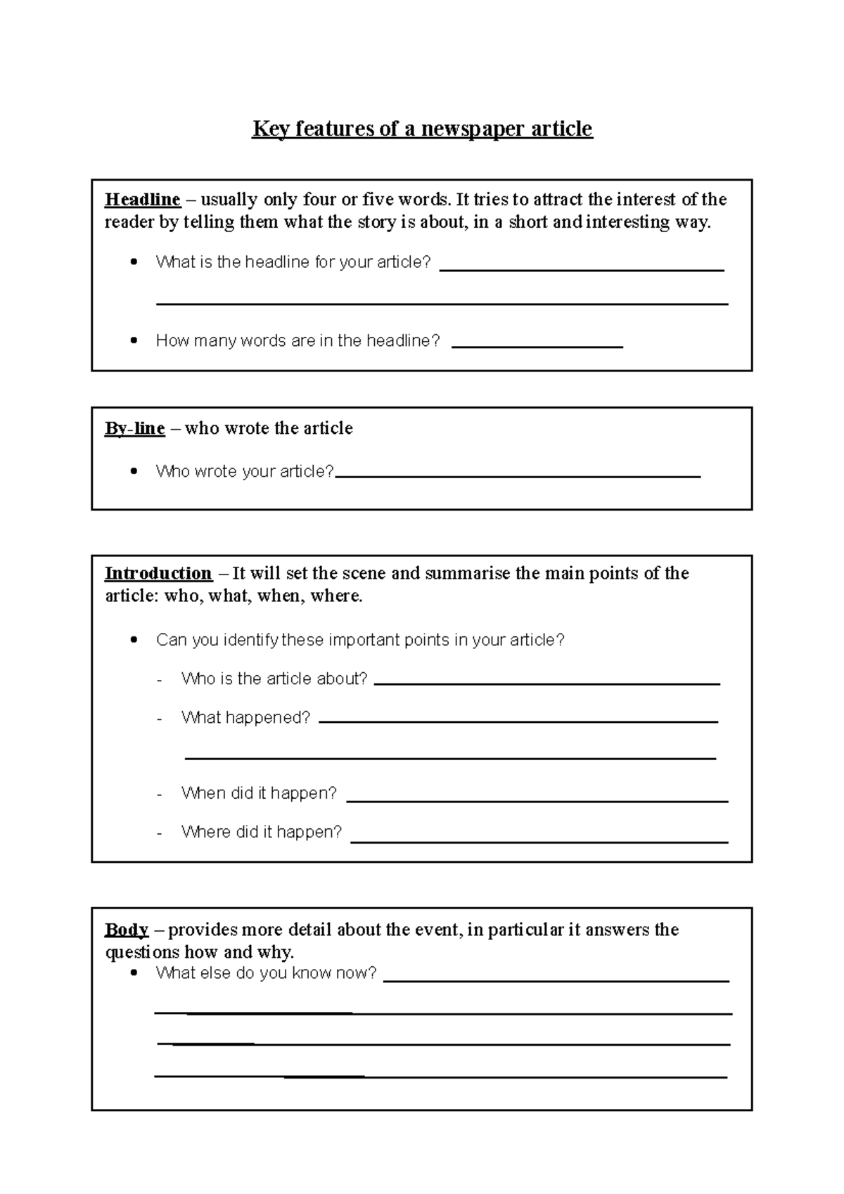 Key feature ofa Newspaper Article - Key features of a newspaper article ...