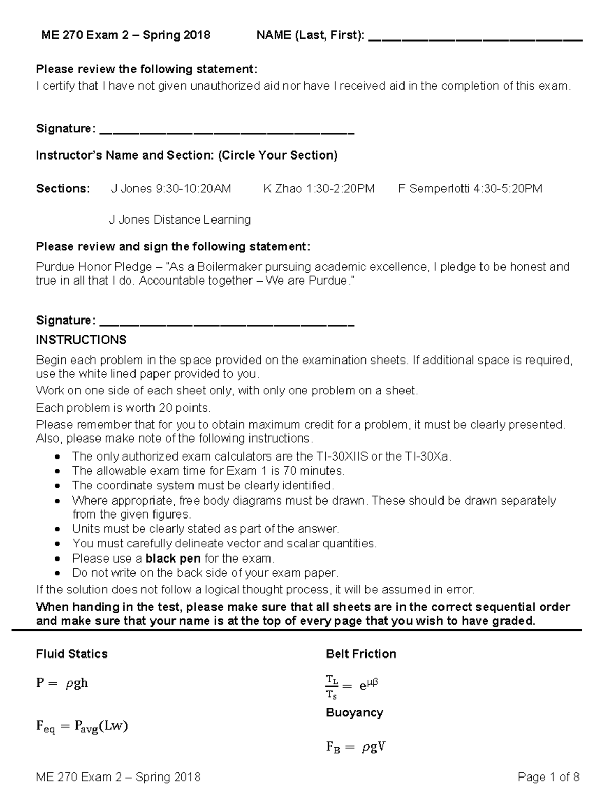 ME 270 Exam 2 - Sp 18 (Original Final Answers) - Please review the ...