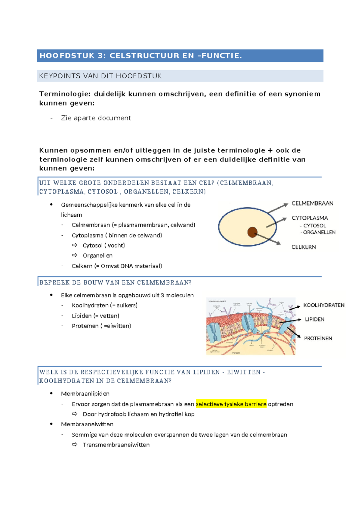 Keypoints hoofdstuk 3 cellulair niveau - HOOFDSTUK 3: CELSTRUCTUUR EN ...