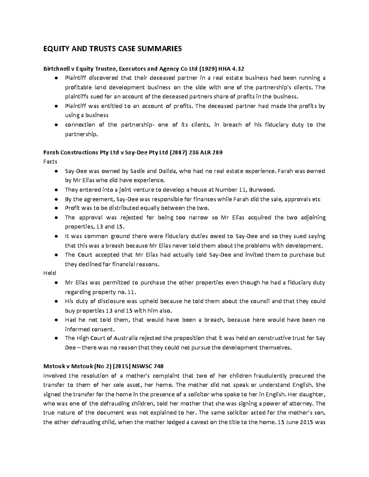 Equity and Trusts Case Summaries - EQUITY AND TRUSTS CASE SUMMARIES ...