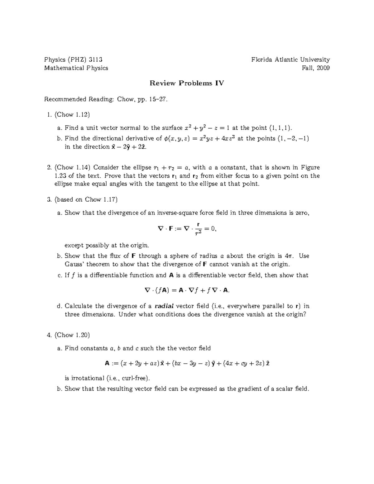 Review Problems 4 - Physics (PHZ) 3113 Florida Atlantic University Mathematical Physics Fall ...