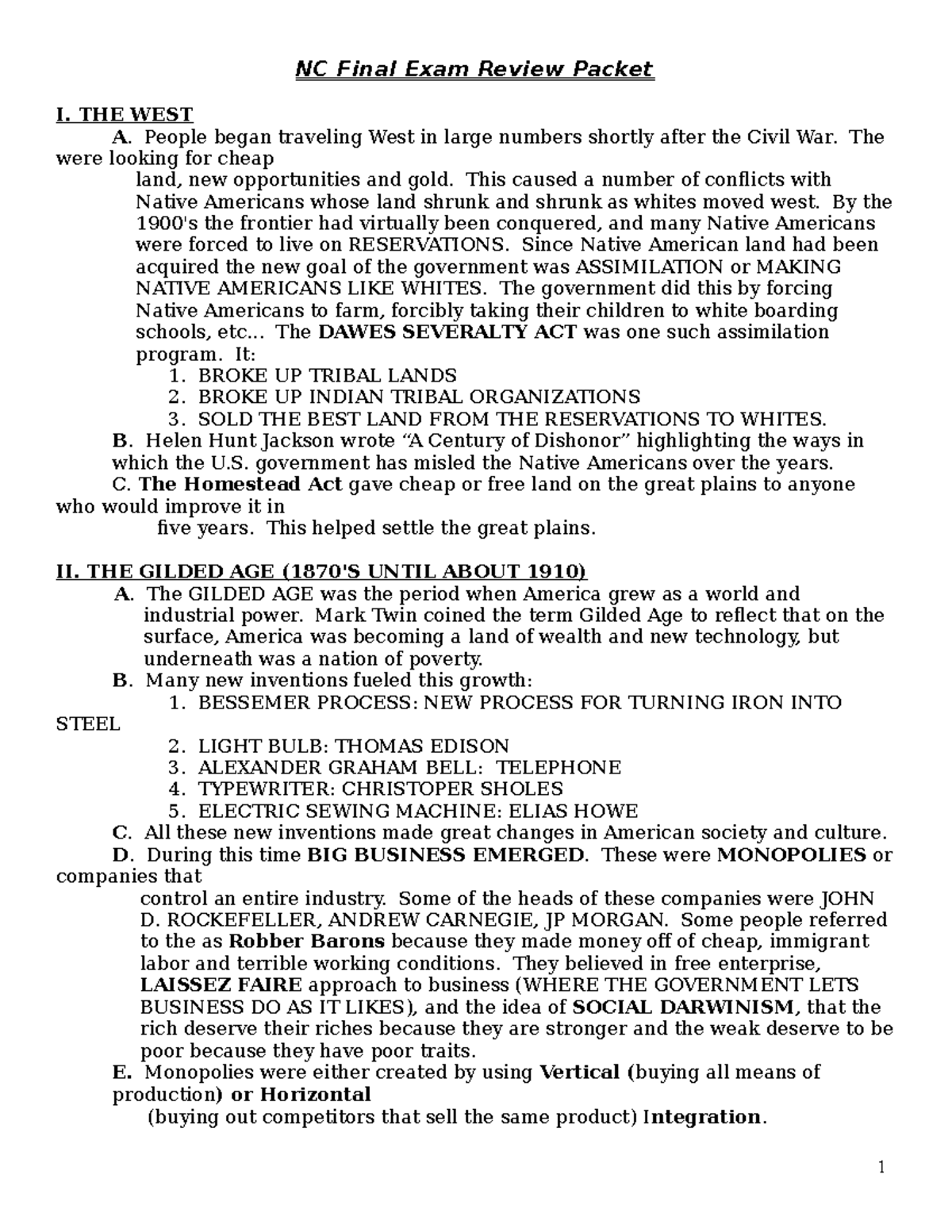 2019 -20 AH2 Exam Study Guide - NC Final Exam Review Packet I. THE WEST ...