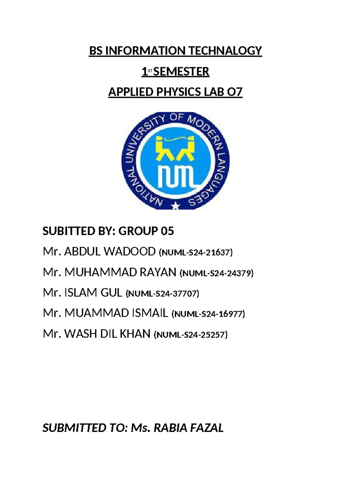 Lab7 - BS INFORMATION TECHNALOGY 1 ST SEMESTER APPLIED PHYSICS LAB O ...