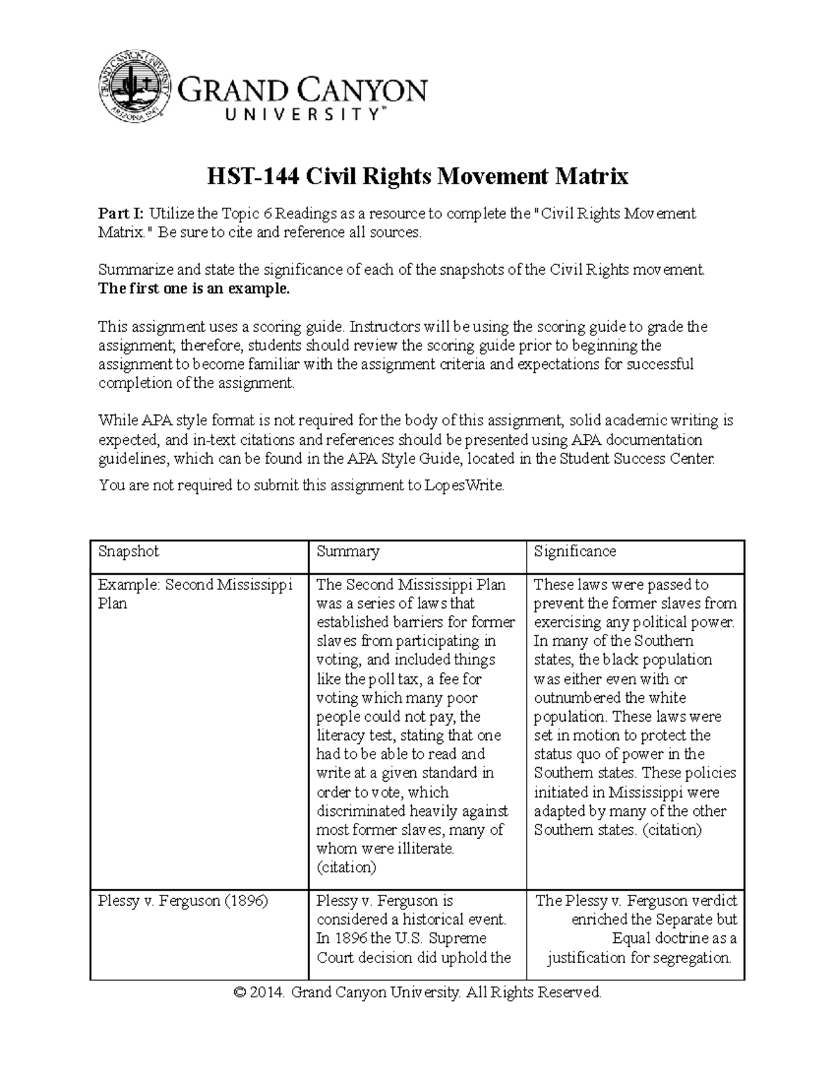 HIS144 Civil Rights Movement Matrix - HST-144 Civil Rights Movement ...