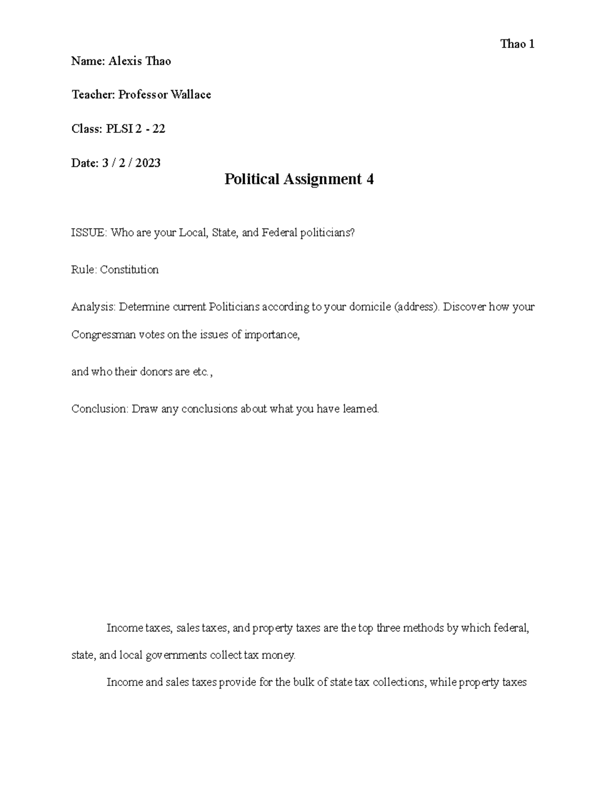 Political Assignment 4 - Thao 1 Name: Alexis Thao Teacher: Professor ...