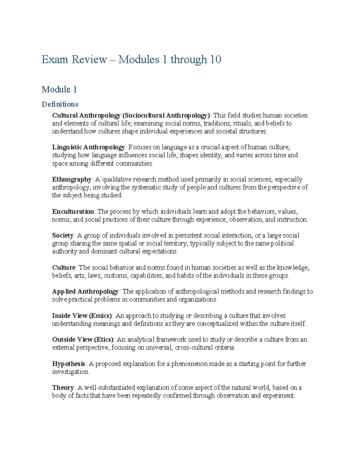 Exam Review 1-10 - Exam Review – Modules 1 through 10 Module 1 ...