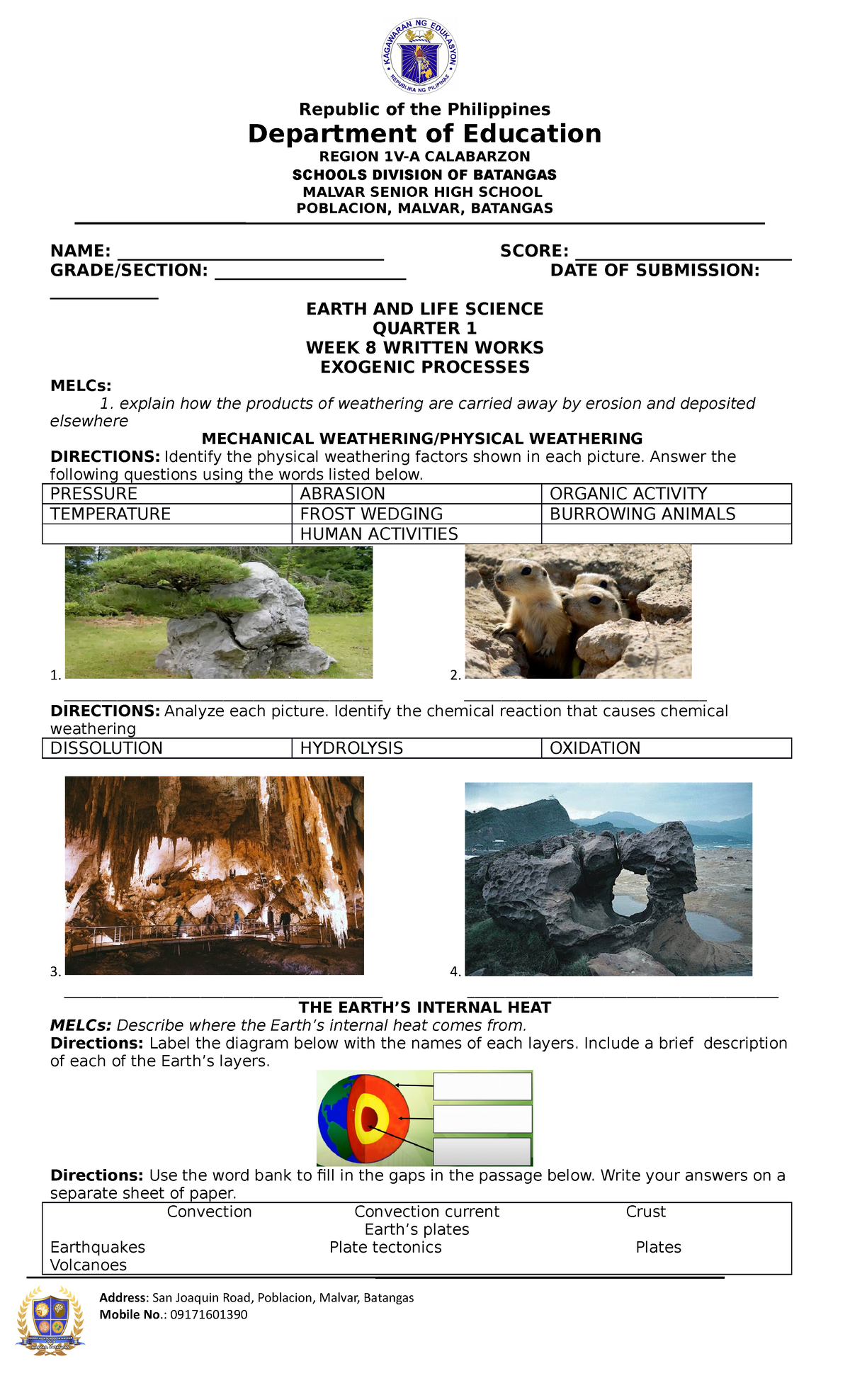 Earth AND LIFE Science Activity 3 - NAME ...