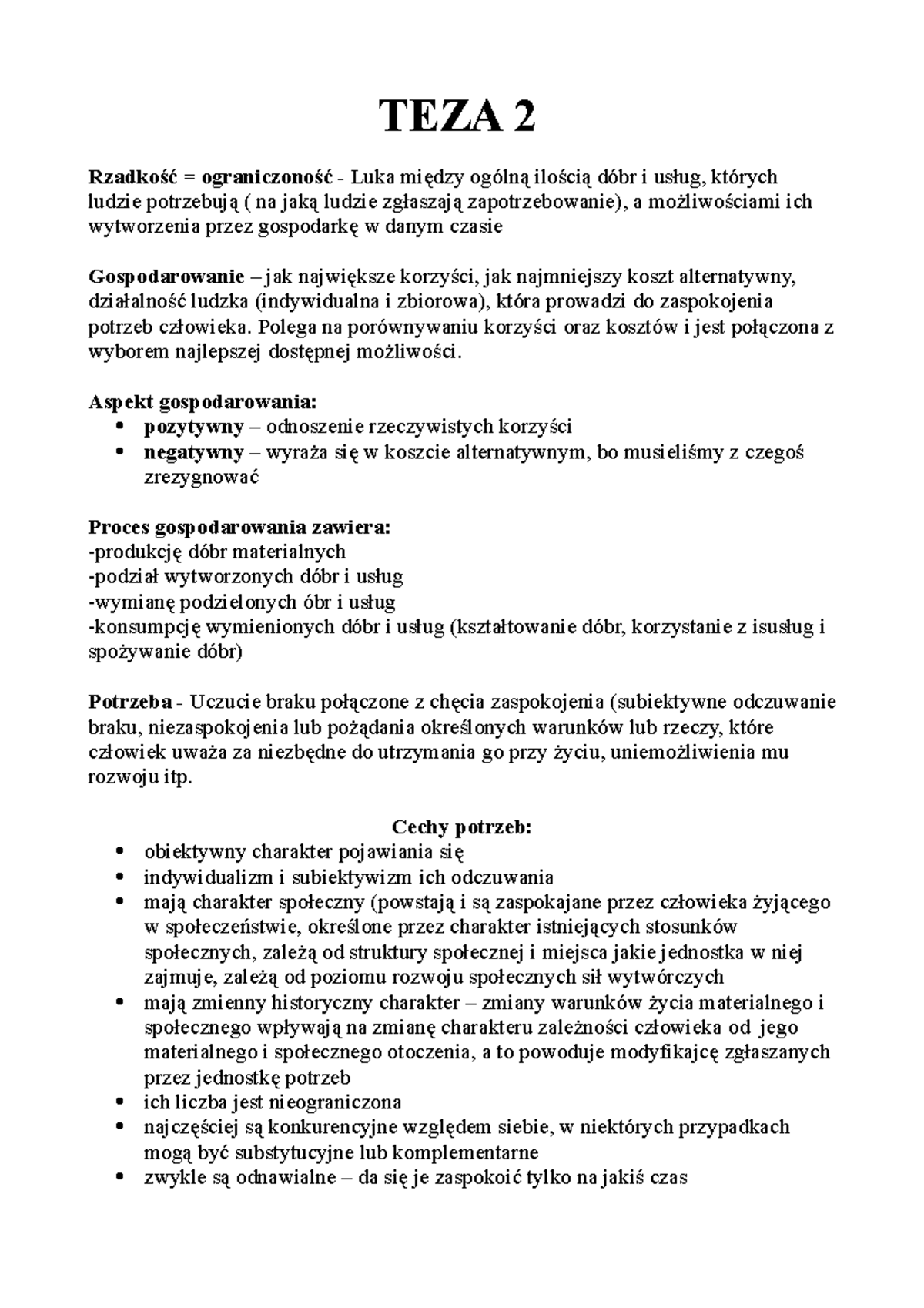 Mikroekonomia - Teza 2 - ćwiczenia - TEZA 2 Rzadkość = ograniczoność - Luka między ogólną ...