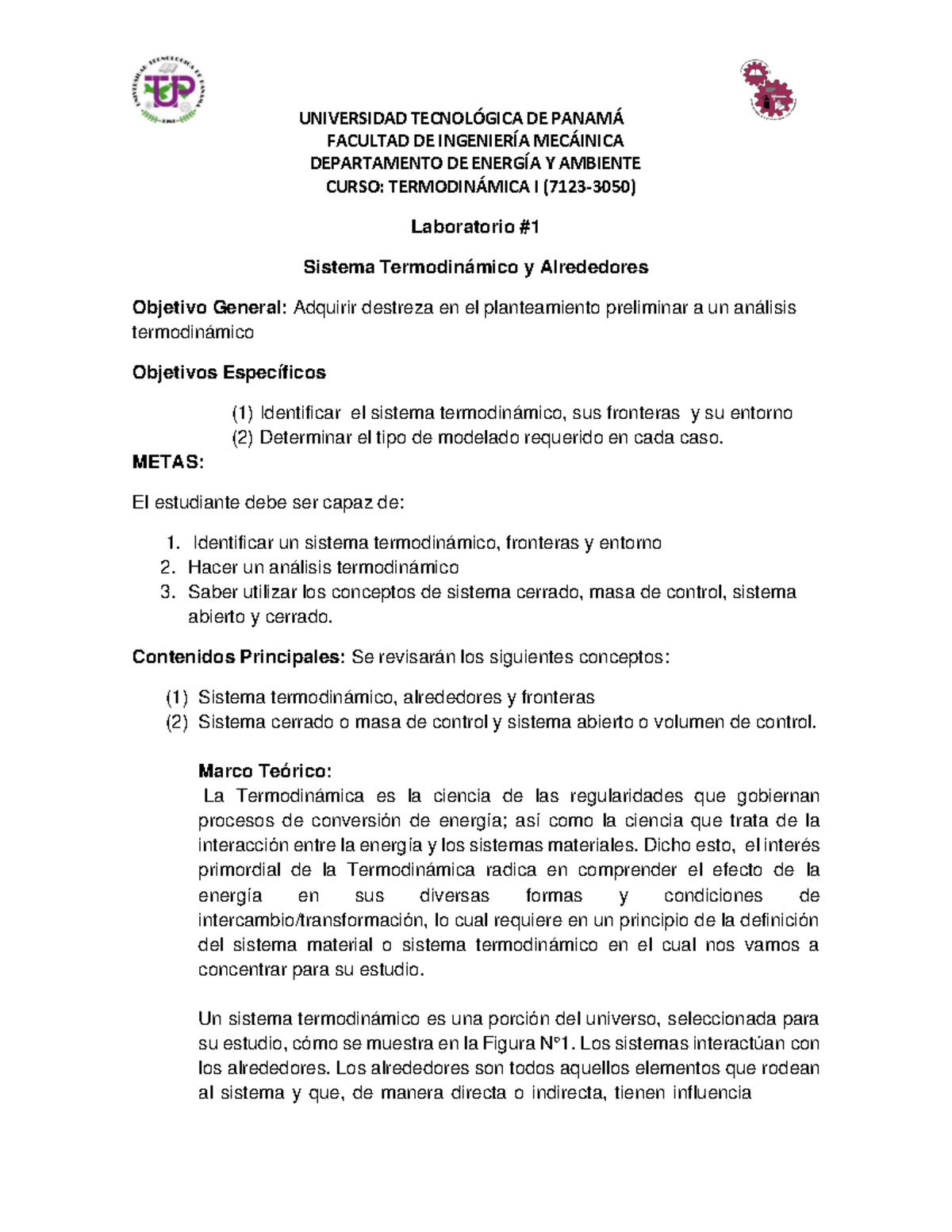Laboratorio 1 Sistema Termodinámico y Alrededores - UNIVERSIDAD TECNOL”GICA DE PANAM¡ FACULTAD ...