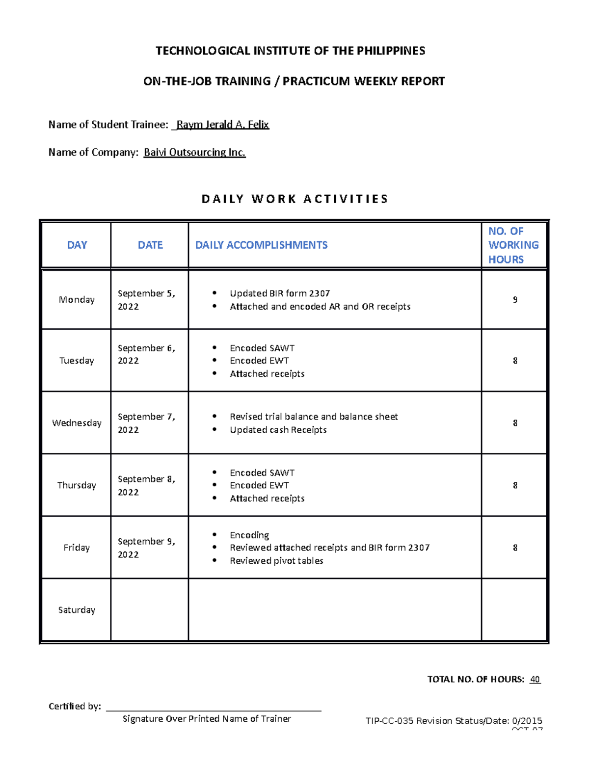 Accomplishement report - TECHNOLOGICAL INSTITUTE OF THE PHILIPPINES ON ...