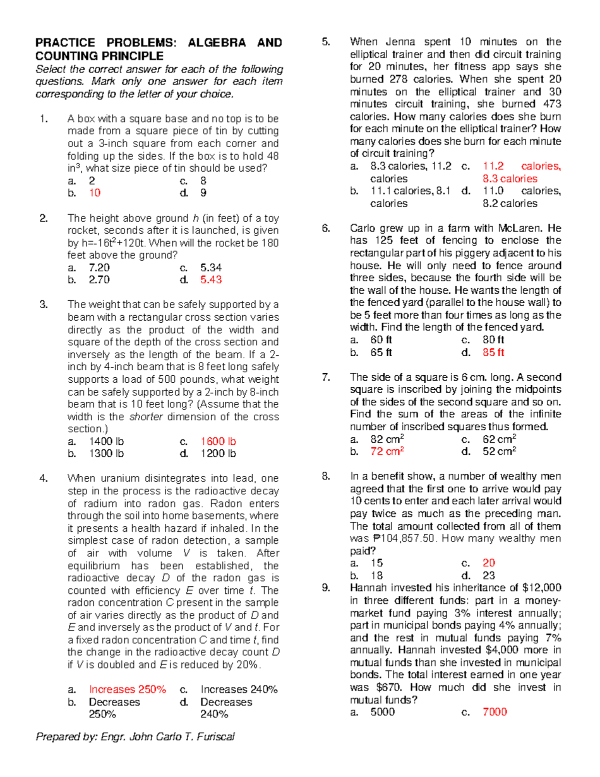 Algebra AND Counting Principle - Prepared by: Engr. John Carlo T ...