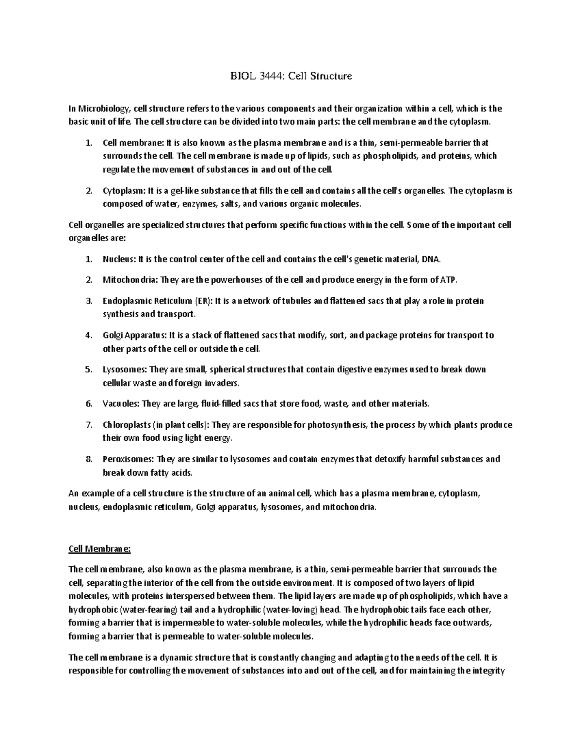 Introduction to Cell Structure - BIOL 3444: Cell Structure In ...