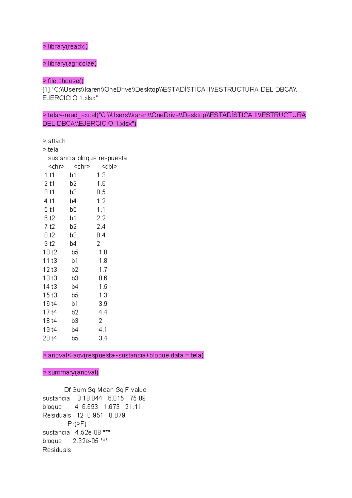 Ejercicios interpretados DBCA - > library(readxl) > library(agricolae ...