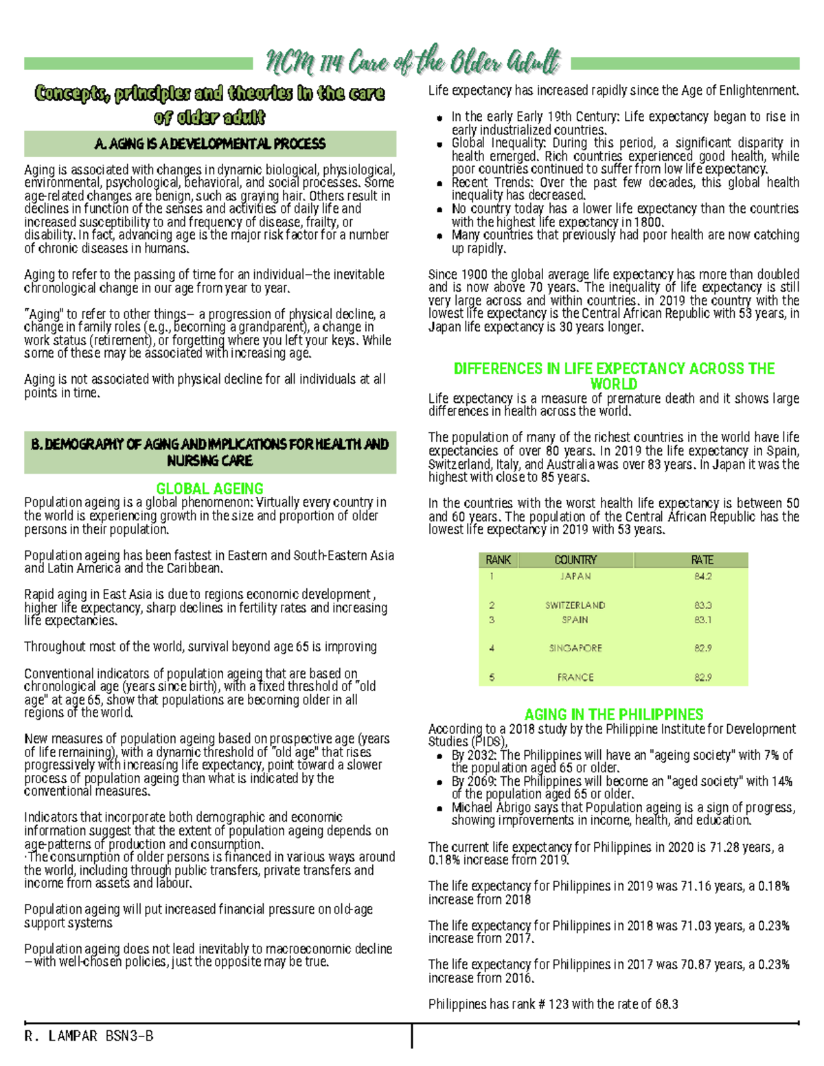 Geriatrics Week 1 - A. AGING IS A DEVELOPMENTAL PROCESS B. DEMOGRAPHY ...