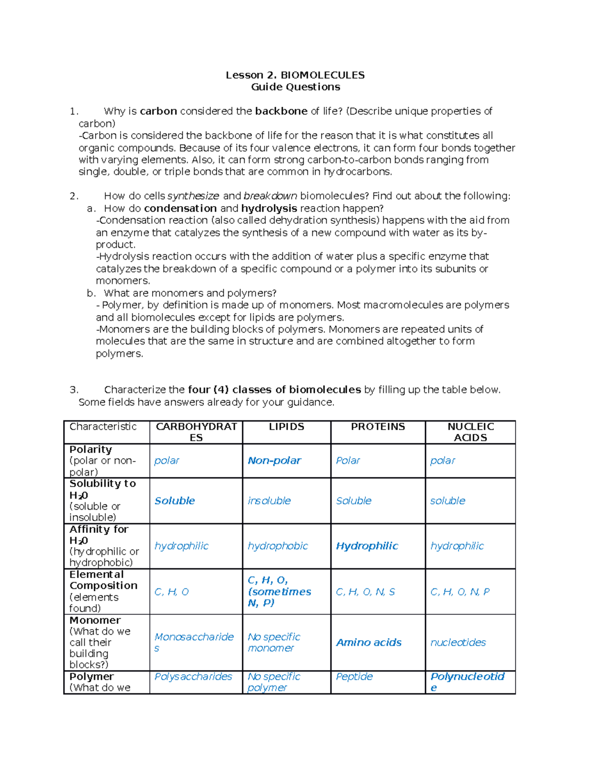 Guide-Questions Biomolecules - Lesson 2. BIOMOLECULES Guide Questions ...