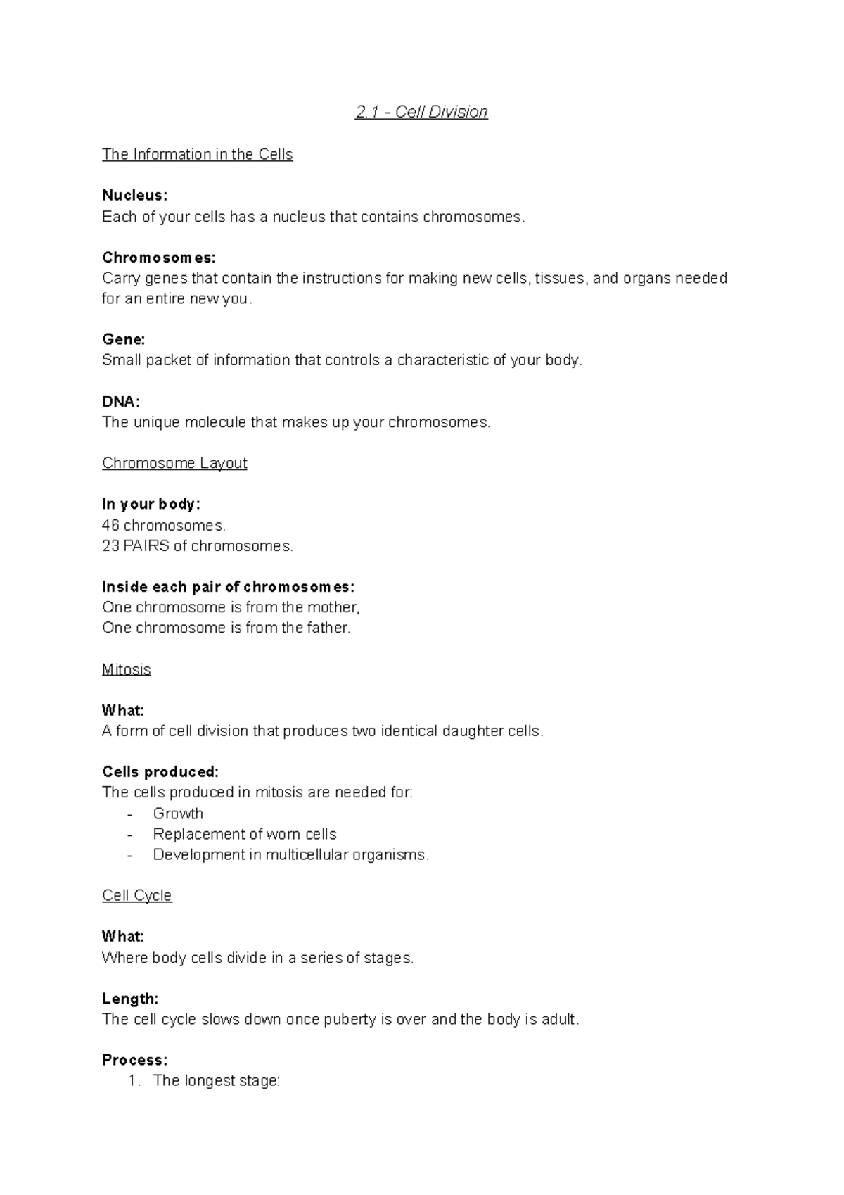 Cell Division - Biology Unit 2 - 2 - Cell Division The Information in ...