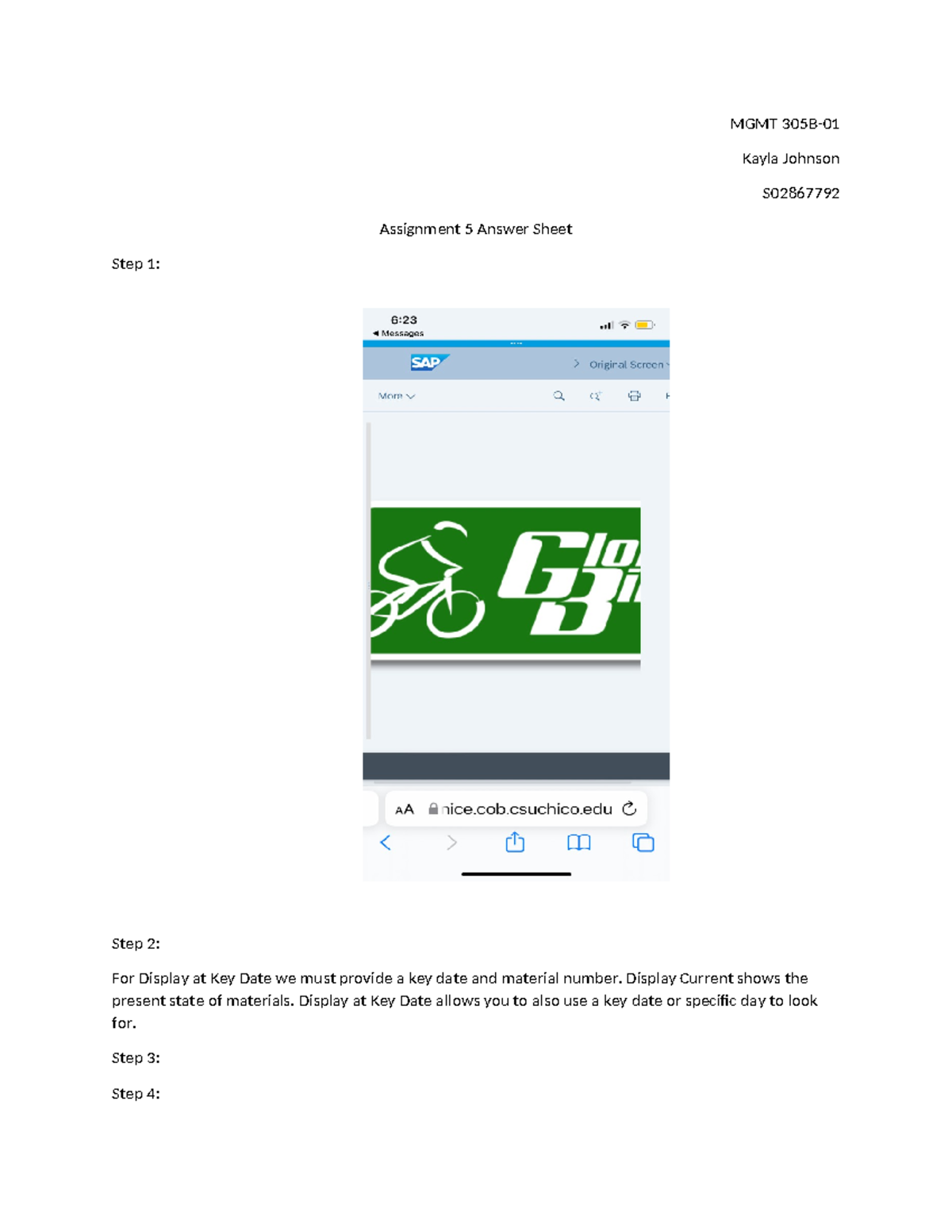 Answer Sheet Assignment #5 - MGMT 305B- Kayla Johnson S Assignment 5 Answer Sheet Step 1: Step 2 ...