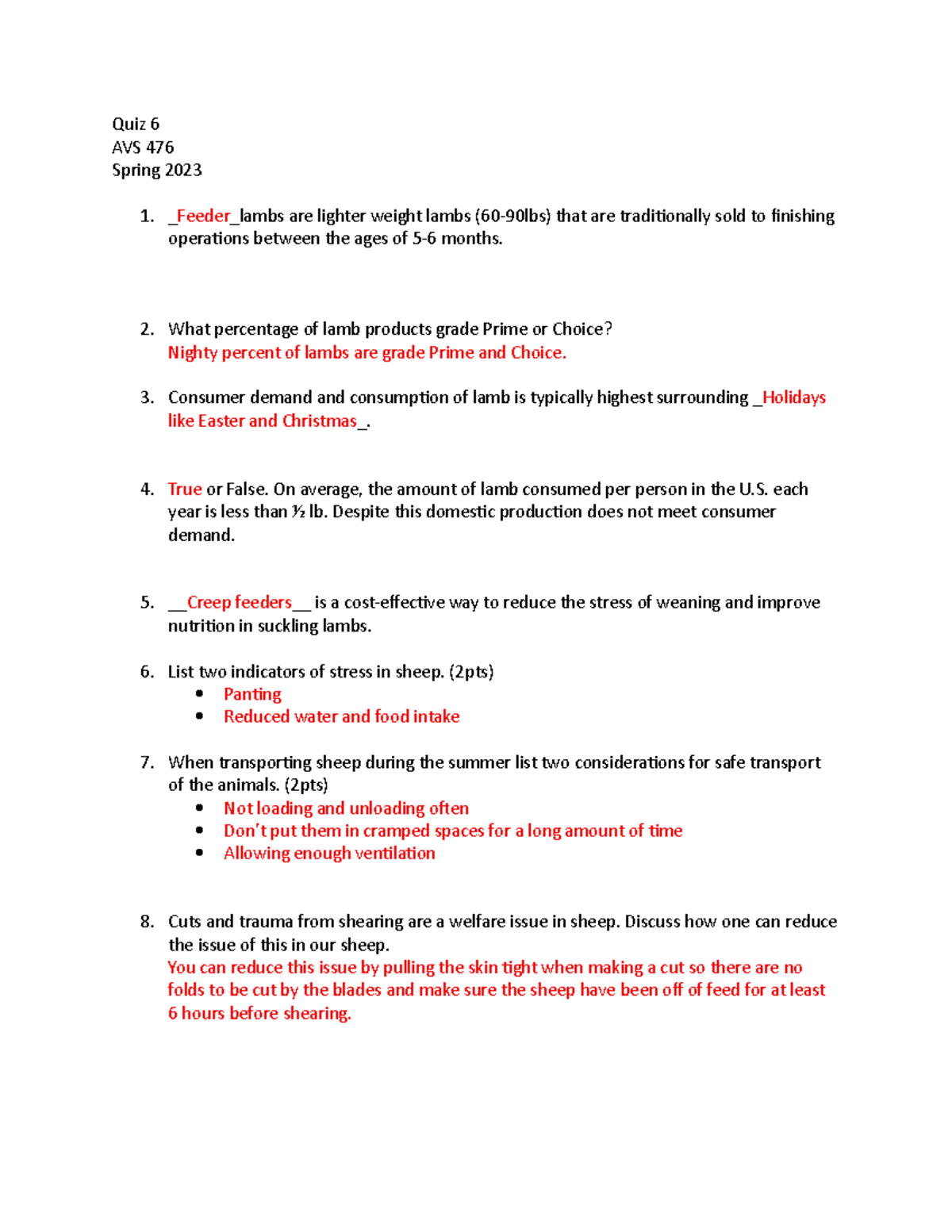 Quiz # 6 AVS 476 - quiz. 6 - Quiz 6 AVS 476 Spring 2023 _Feeder_lambs ...