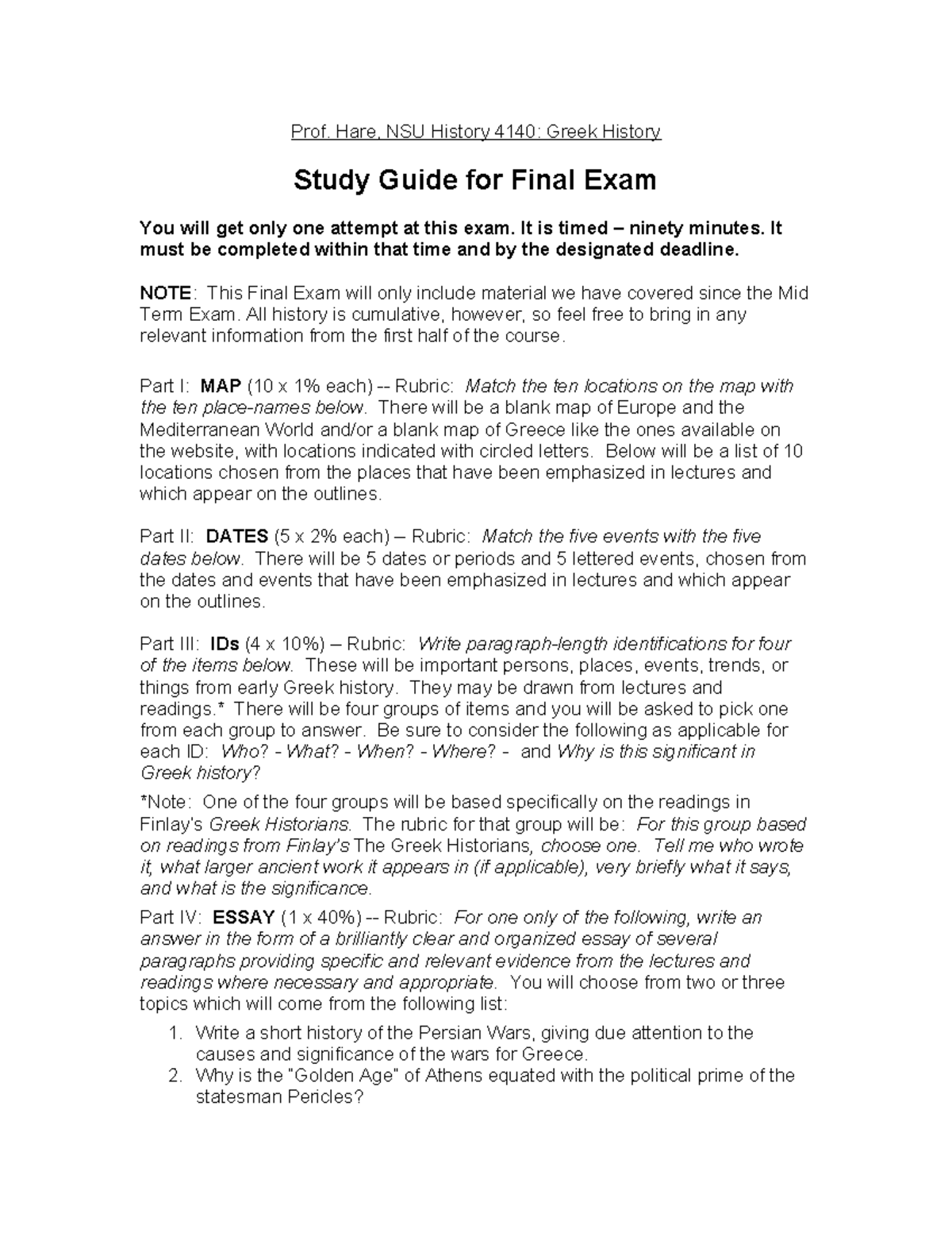 4140 Final Exam Study Guide Online - Prof. Hare, NSU History 4140 ...