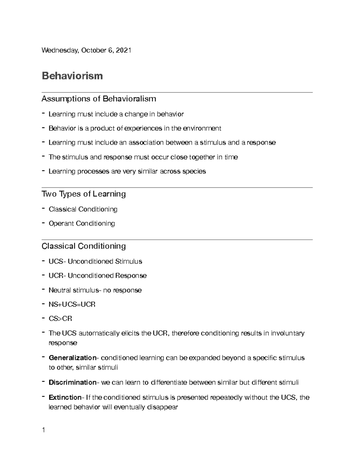 Behaviorism Notes - Wednesday, October 6, 2021 Behaviorism Assumptions ...