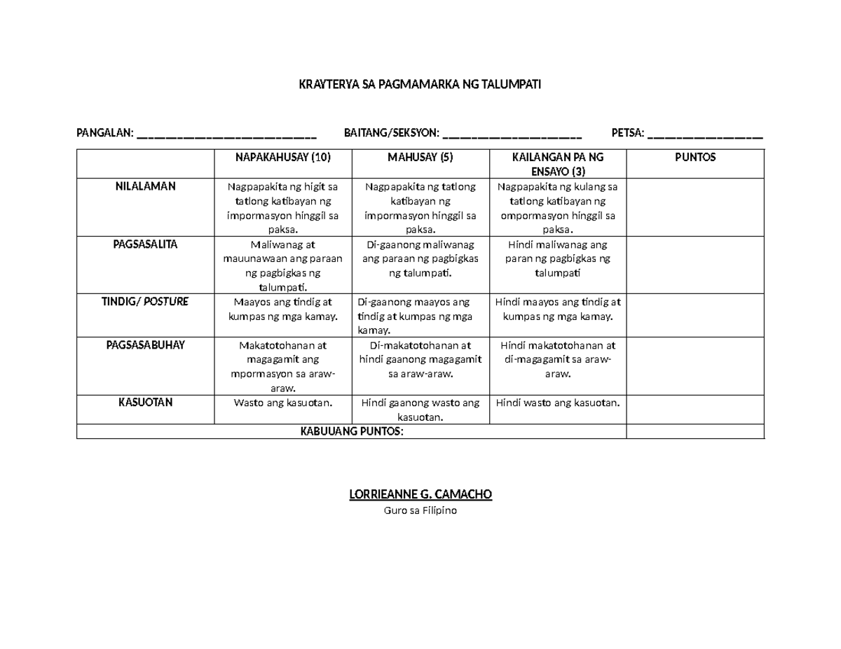 Krayterya SA Pagmamarka NG Talumpati - KRAYTERYA SA PAGMAMARKA NG ...